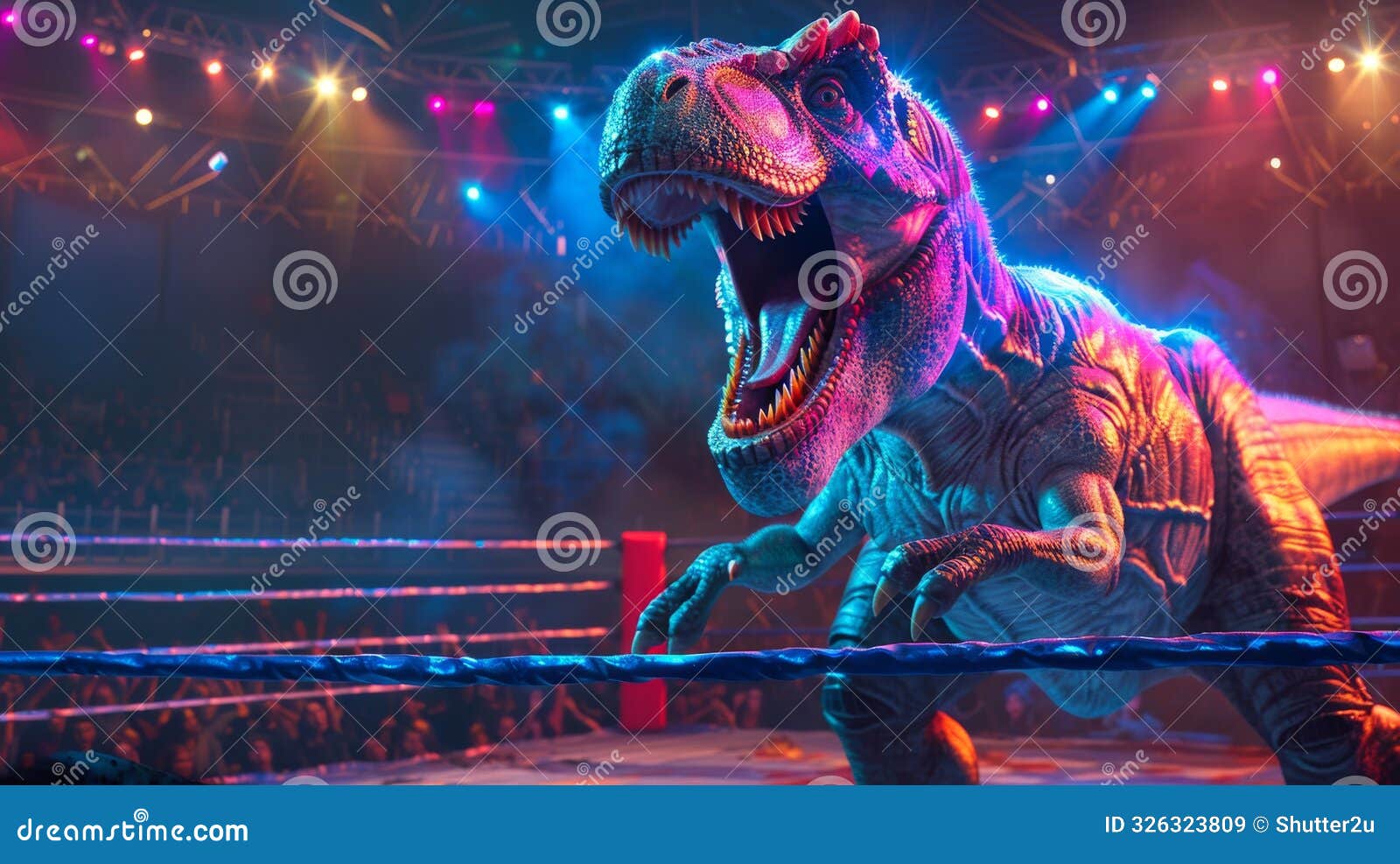 A Neonlit TRex Ready To Battle in a Wrestling Ring Roaring Crowd in the ...