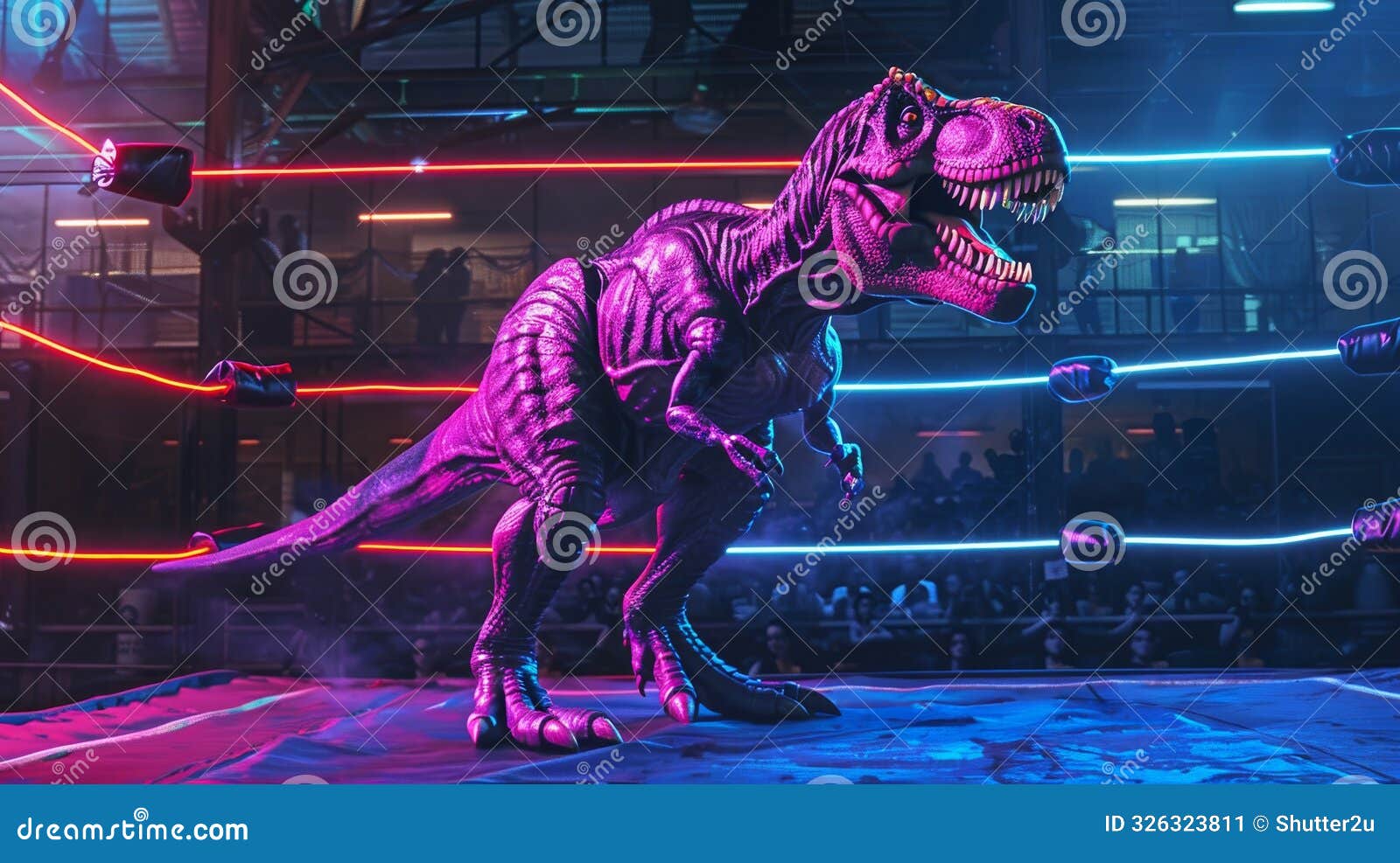 A Neonlit TRex Ready To Battle in a Wrestling Ring Roaring Crowd in the ...