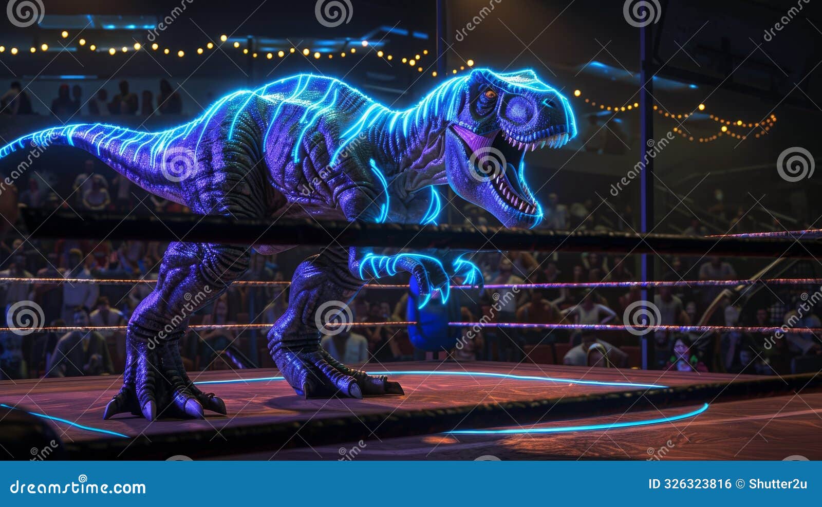 A Neonlit TRex Ready To Battle in a Wrestling Ring Roaring Crowd in the ...