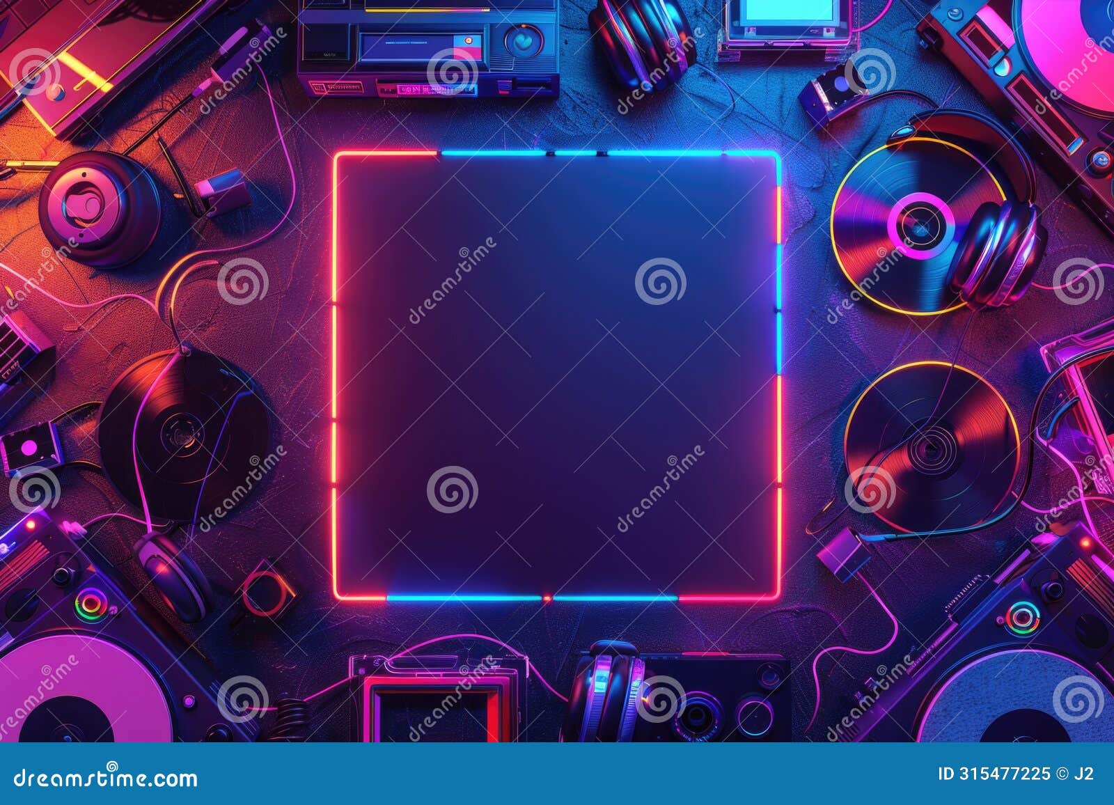 Neon-lit Tech Gadgets and Musical Devices with a Central Blank Screen ...