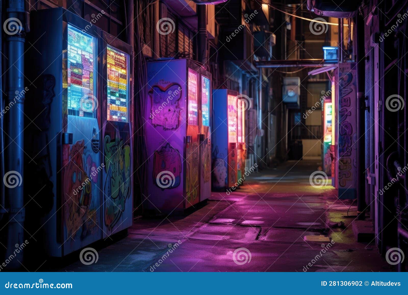 Neon-lit Vending Machines in a Quiet Alley Stock Illustration ...