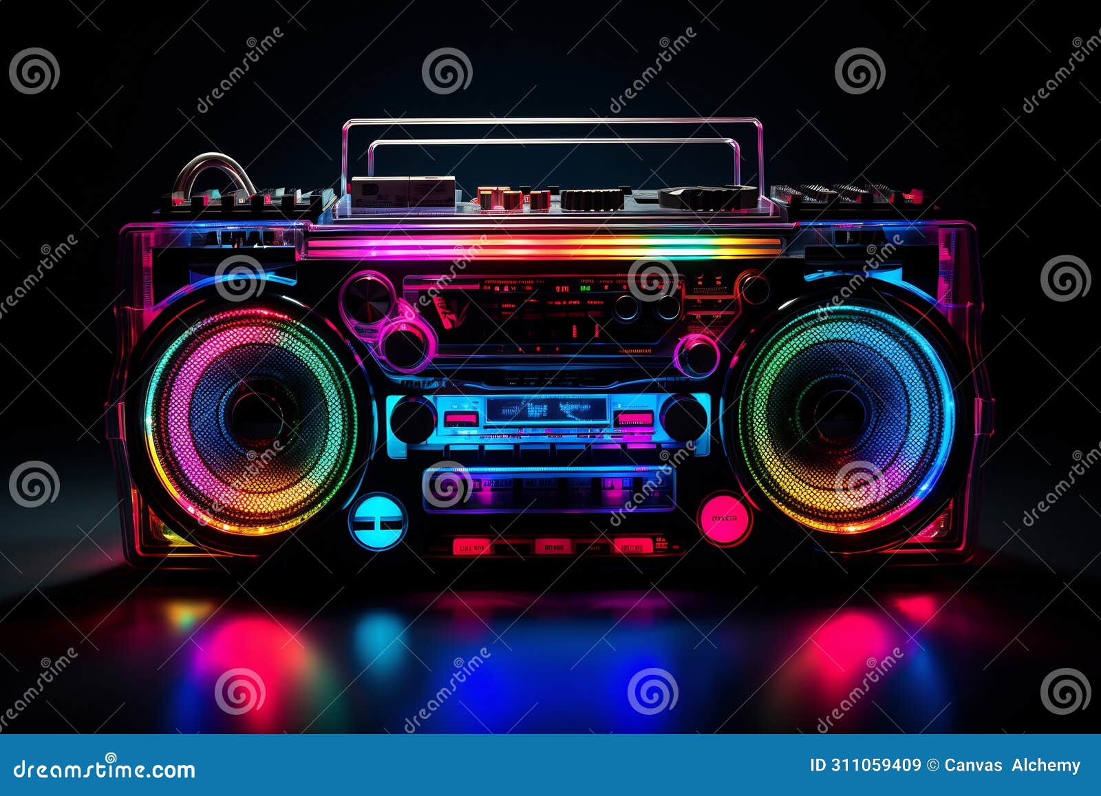 Neon-Lit Vintage Boombox stock image. Image of speaker - 311059409