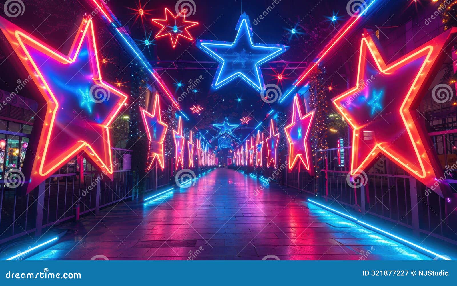 A Neon Lit Walkway Red, Blue and White Stars Stock Illustration ...