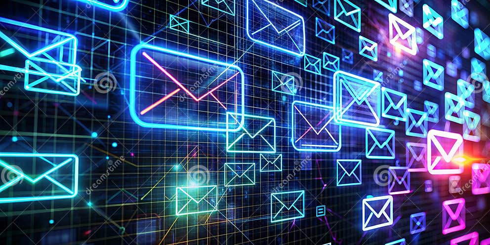 Neon Mail Icons in a Digital Grid - Abstract Technology Background ...