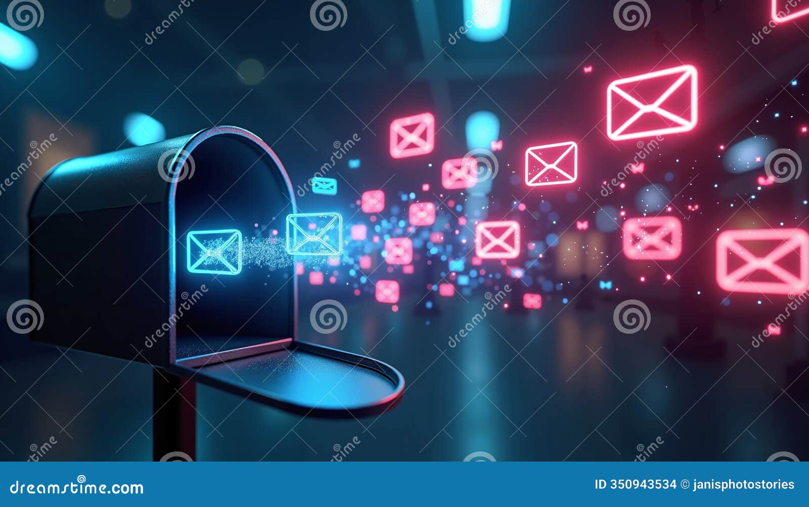 Neon Mailboxes with Glowing Envelopes, Futuristic Communication ...