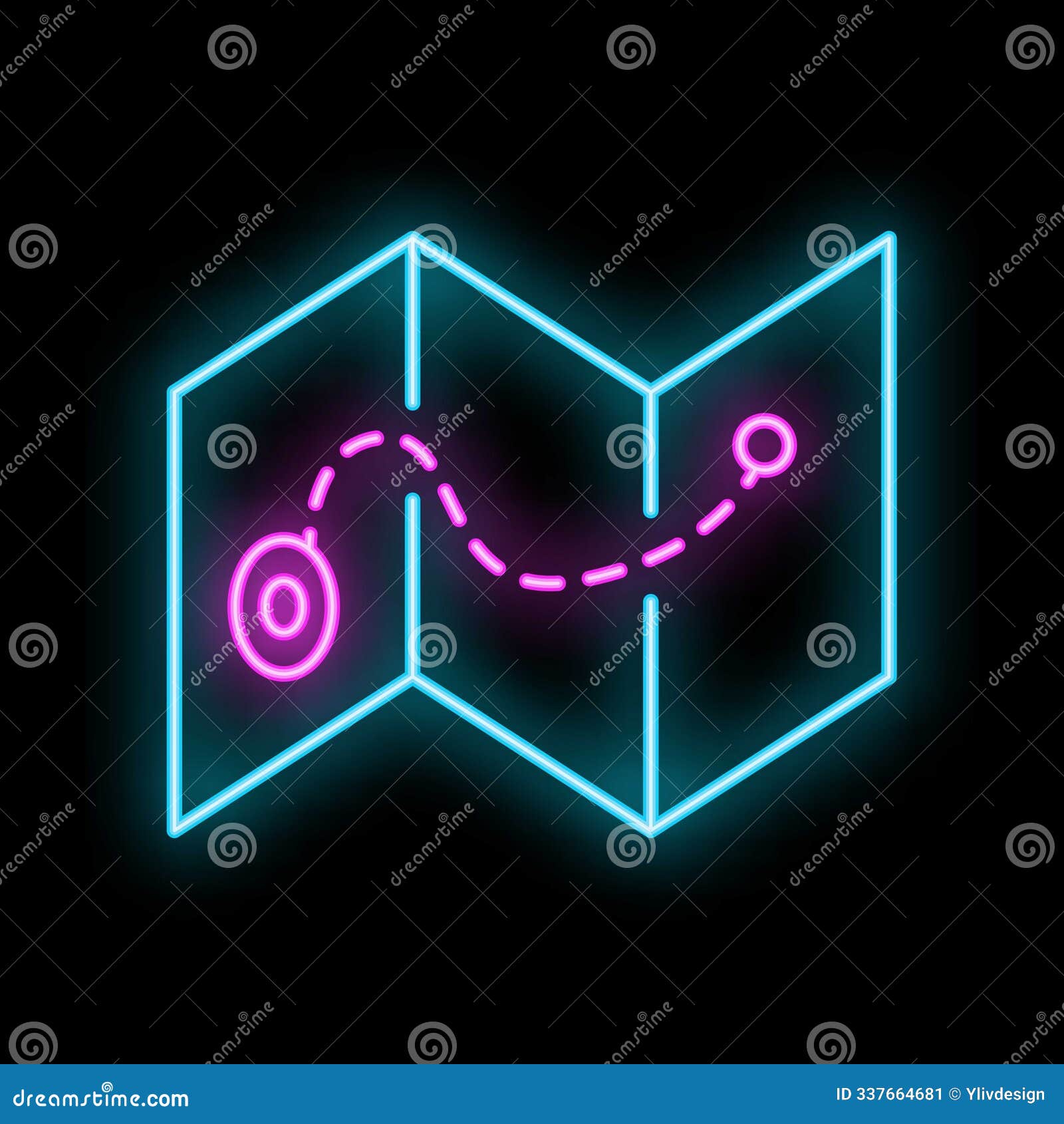 Neon Map Showing Route with Destination Point and Starting Point Stock ...