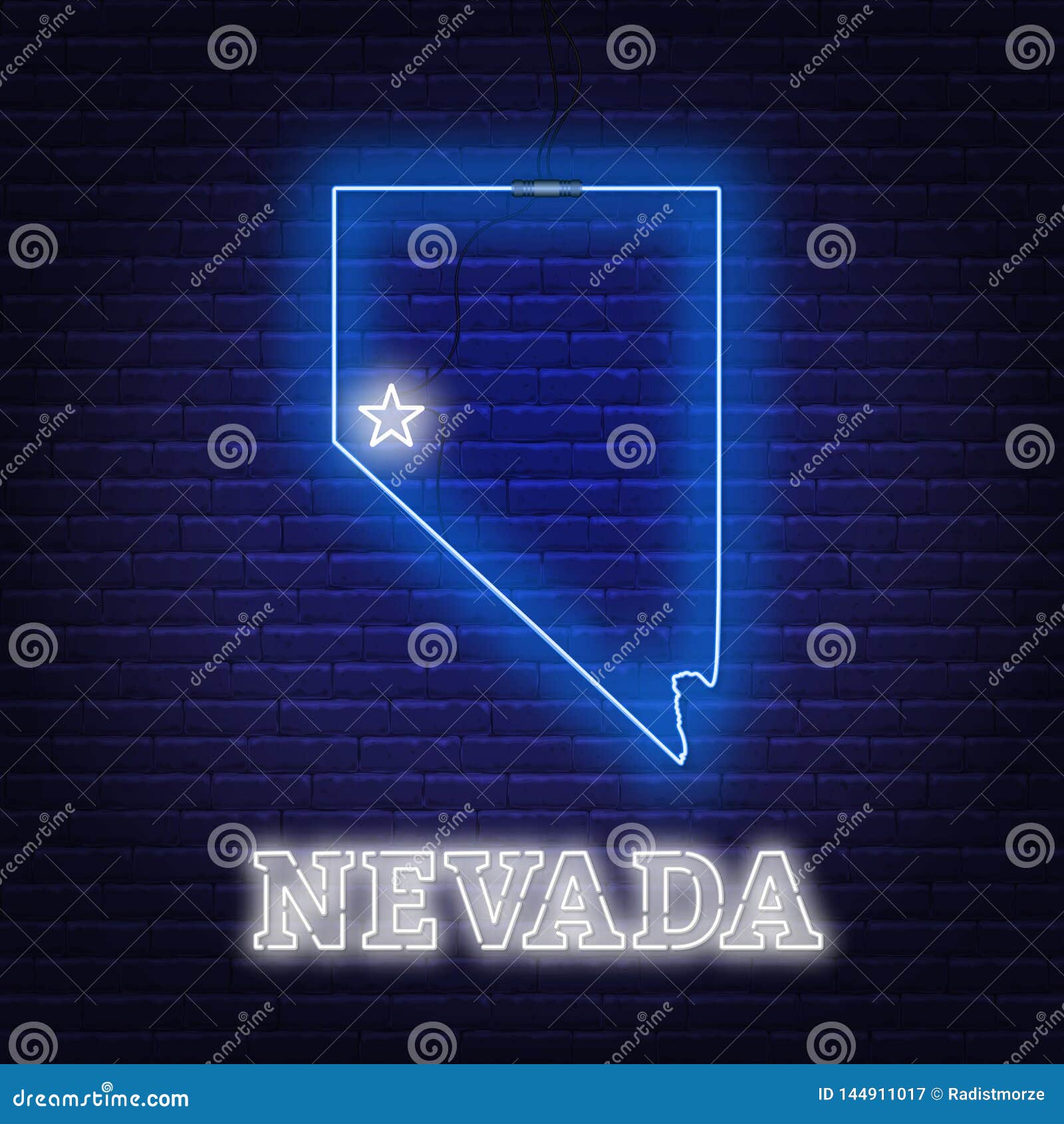 Neon Map State Of Nevada On A Brick Wall Background. Cartoon Vector ...