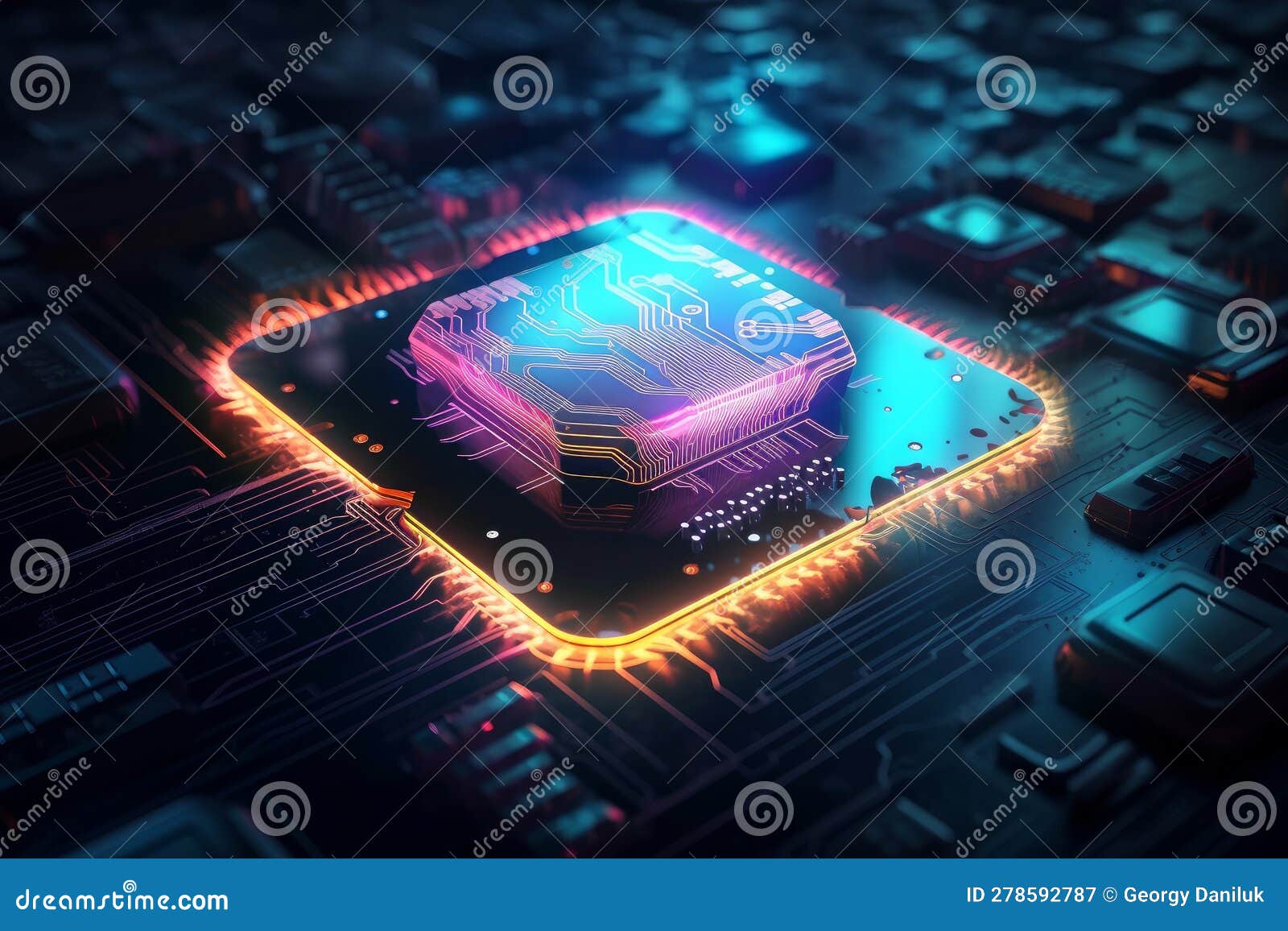 Neon Microchip Meets Cloud: a 3D Marvel in IoT Stock Illustration ...