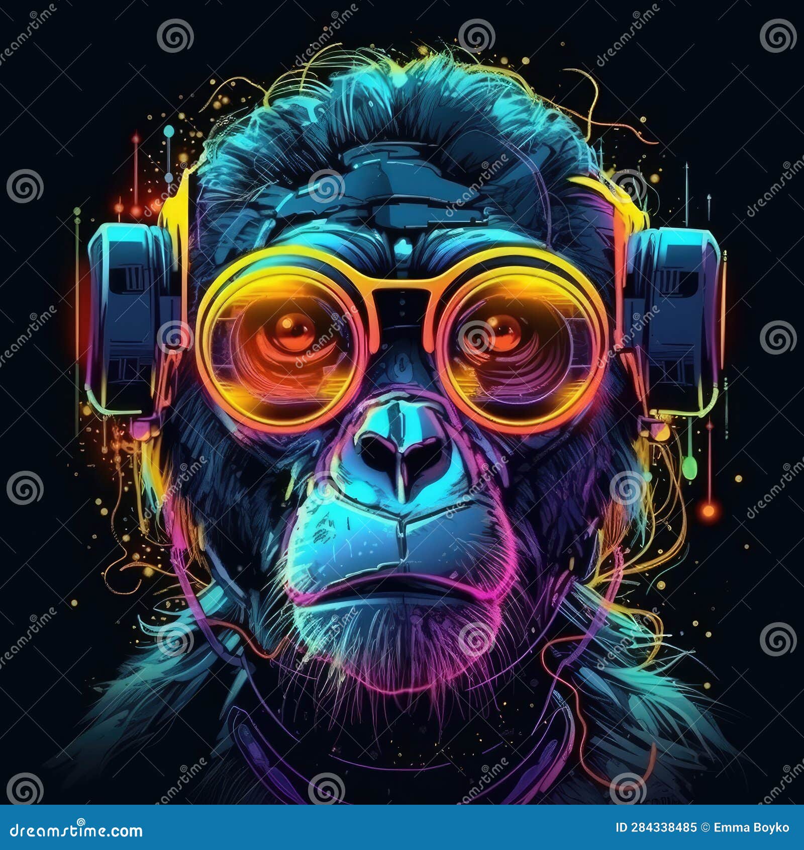 Neon Monkey in Headphones on a Black Background. Generative AI Stock ...
