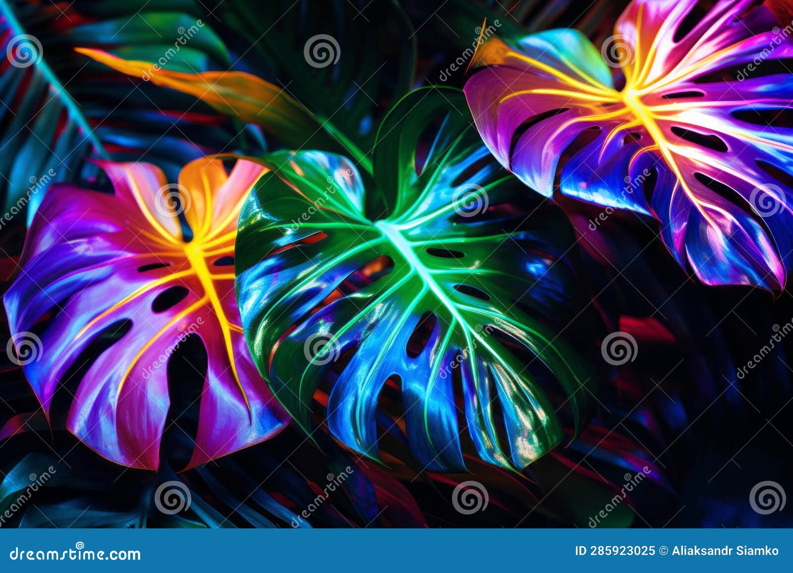 Neon Monstera Deliciosa Leaves Growing in Tropical Forest for Creative ...