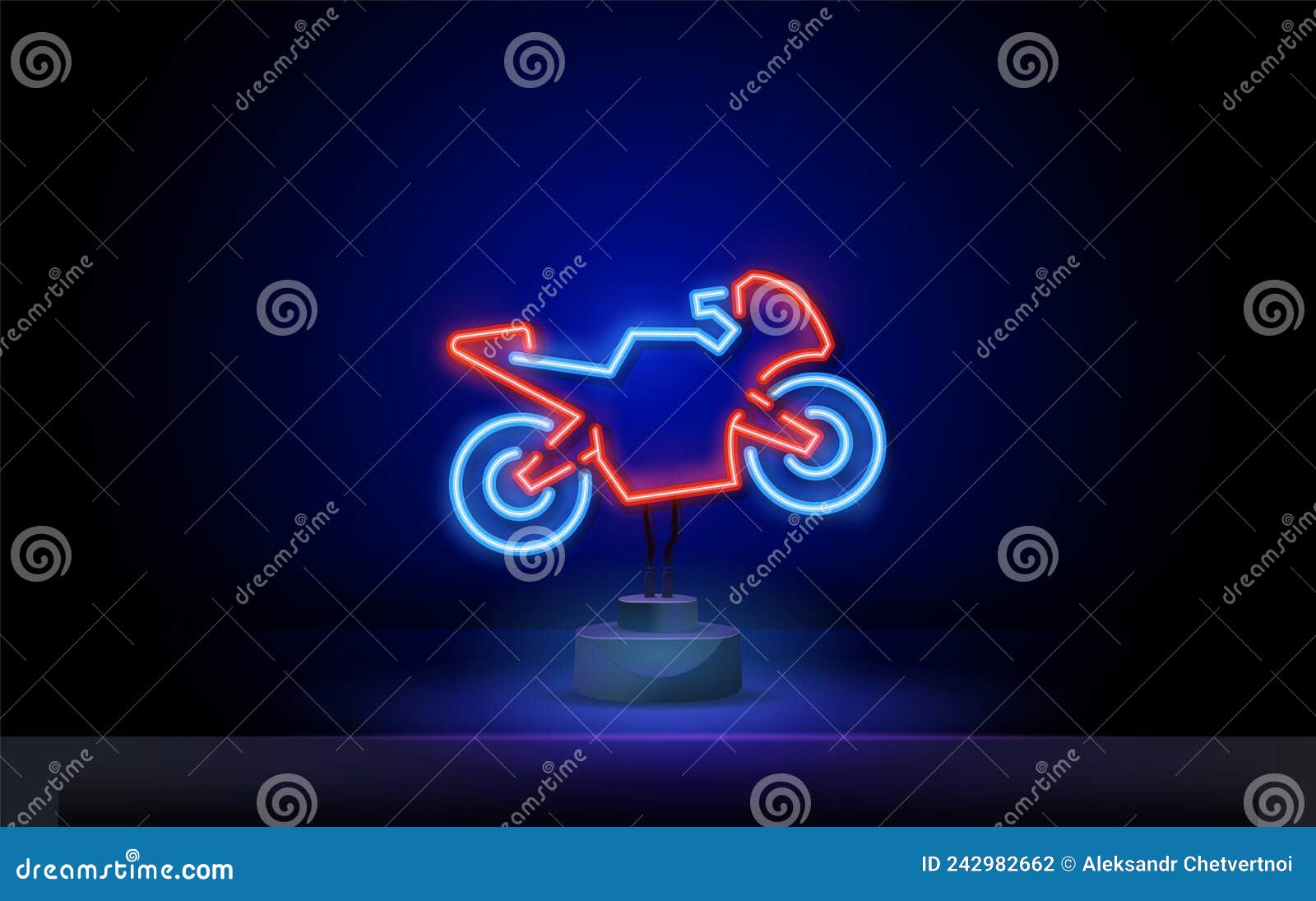 Neon Motorcycle Sign. Bright Neon Motorcycle Emblem on Dark Brick ...