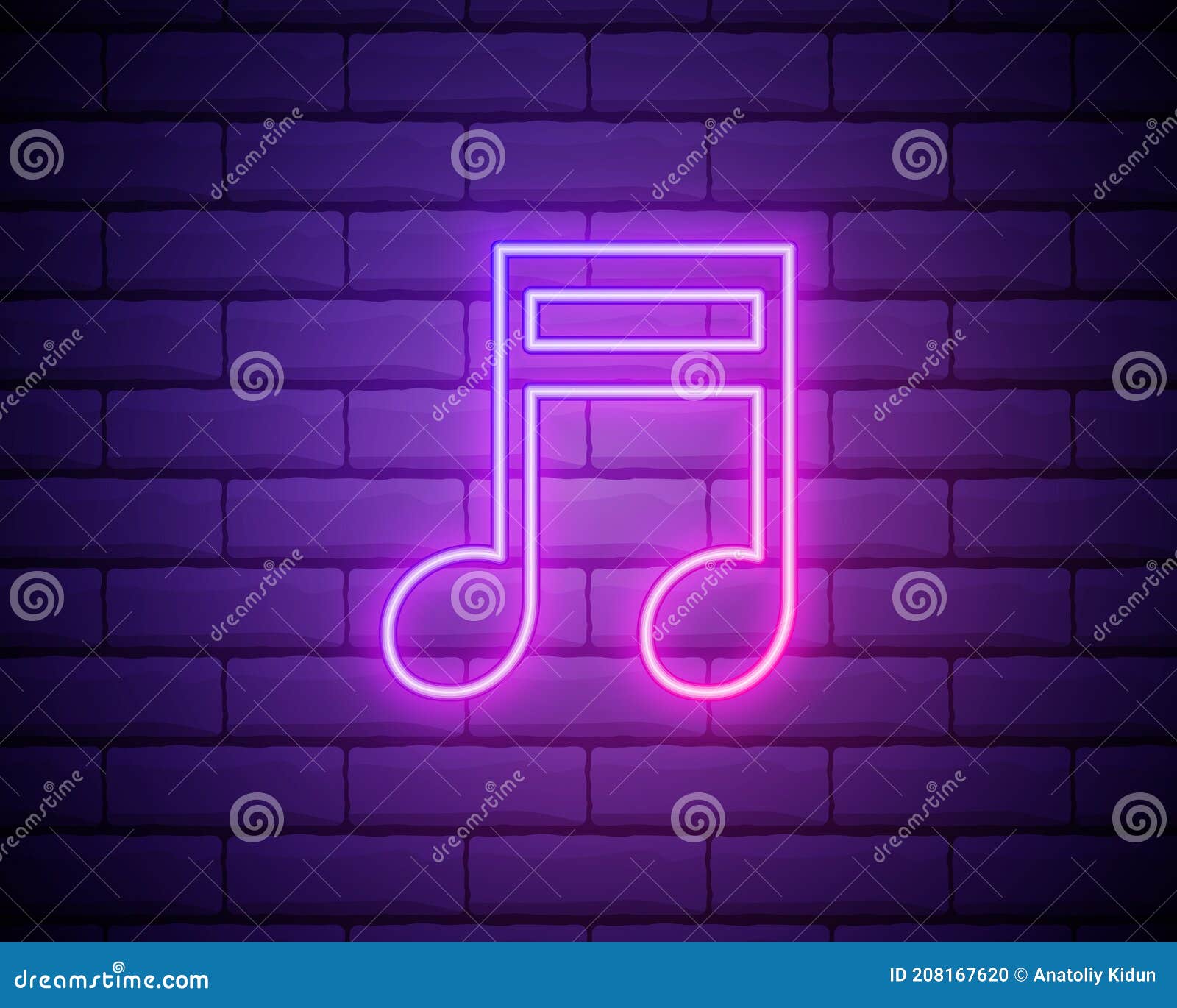 Neon Music Note on the Brick Wall, Vector Eps 10 Illustration. Colour ...