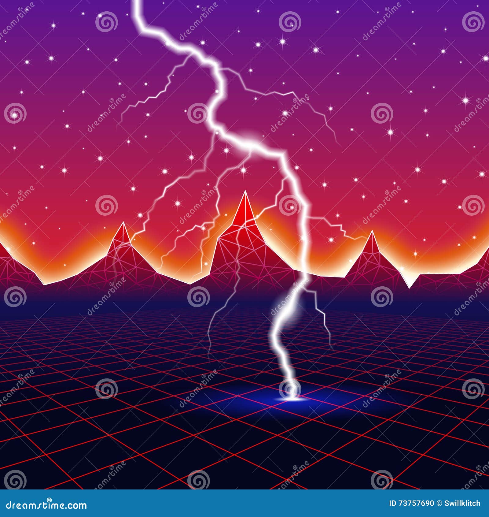 Neon New Retro Wave Computer Landscape with Lightning Stock Vector ...
