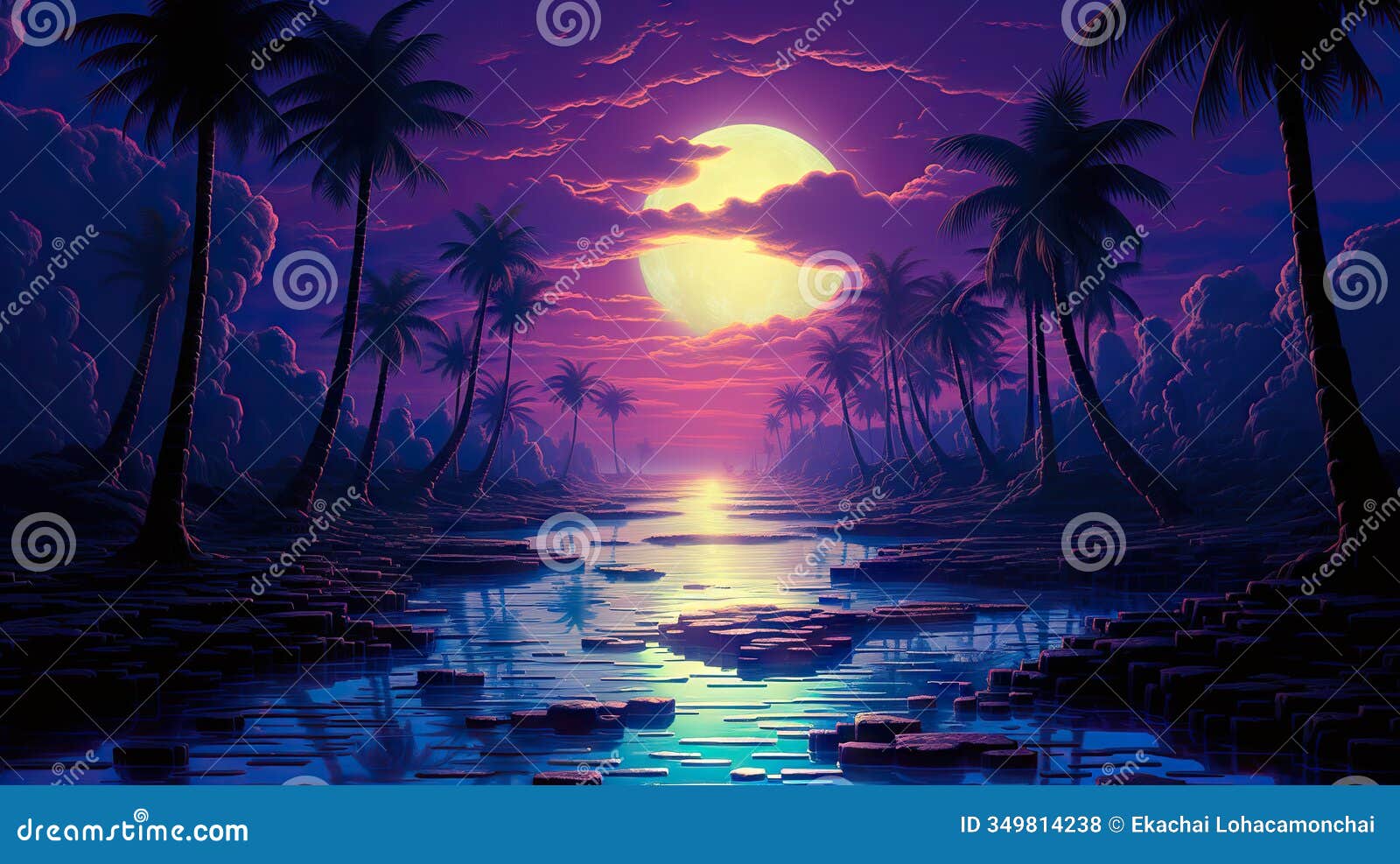 Neon Nocturne Retro 1980s 1990s 3D Computer Graphics Render Landscape ...