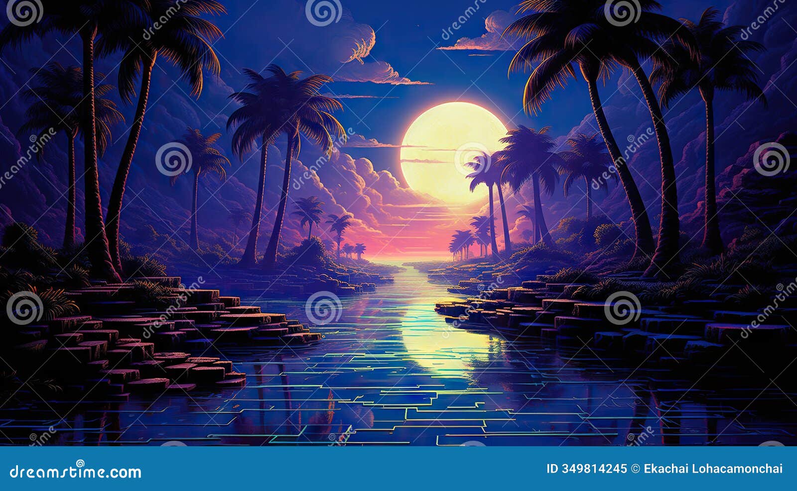 Neon Nocturne Retro 1980s 1990s 3D Computer Graphics Render Landscape ...