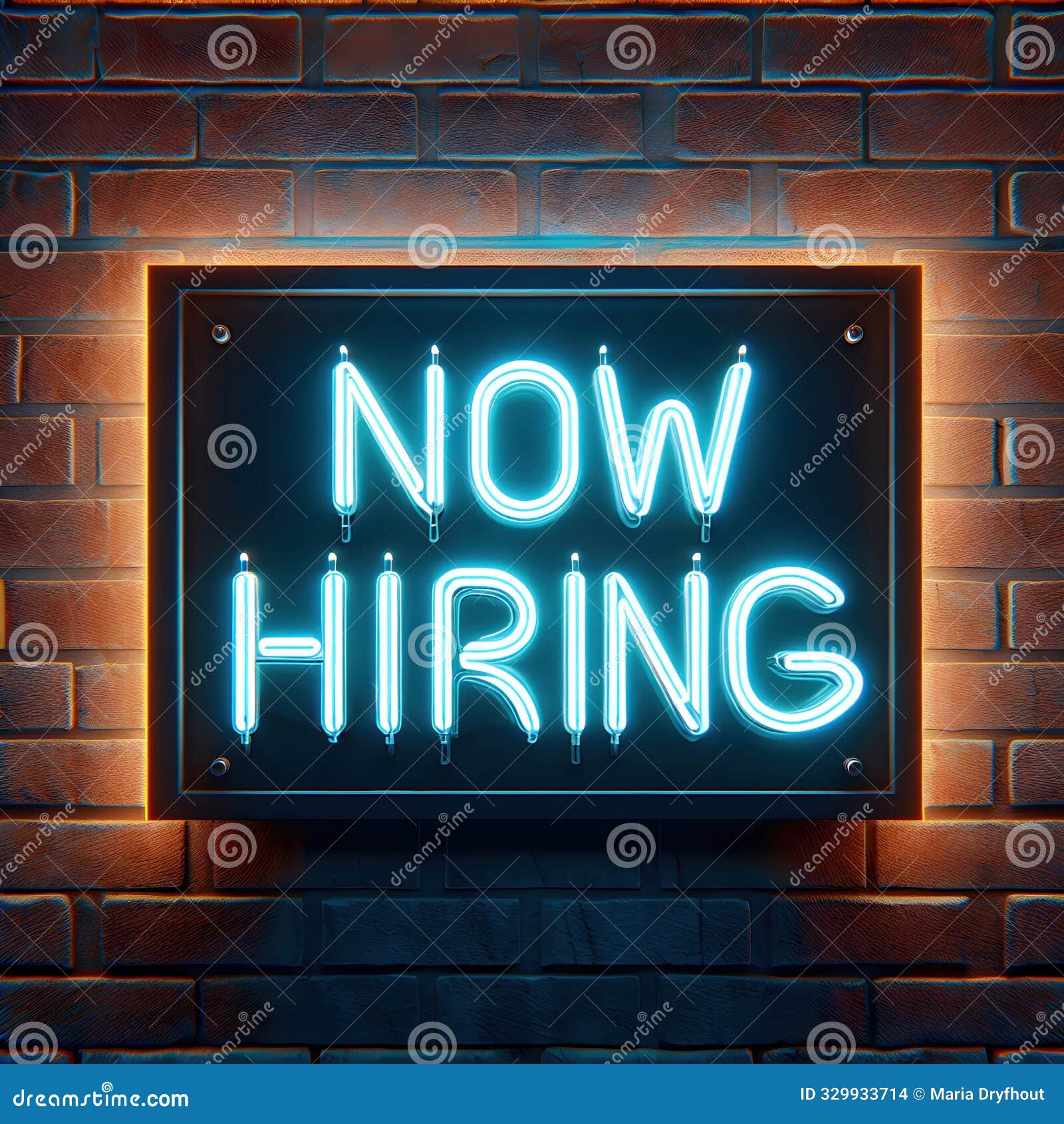 Neon Now Hiring Sign on a Brick Wall Stock Illustration - Illustration ...