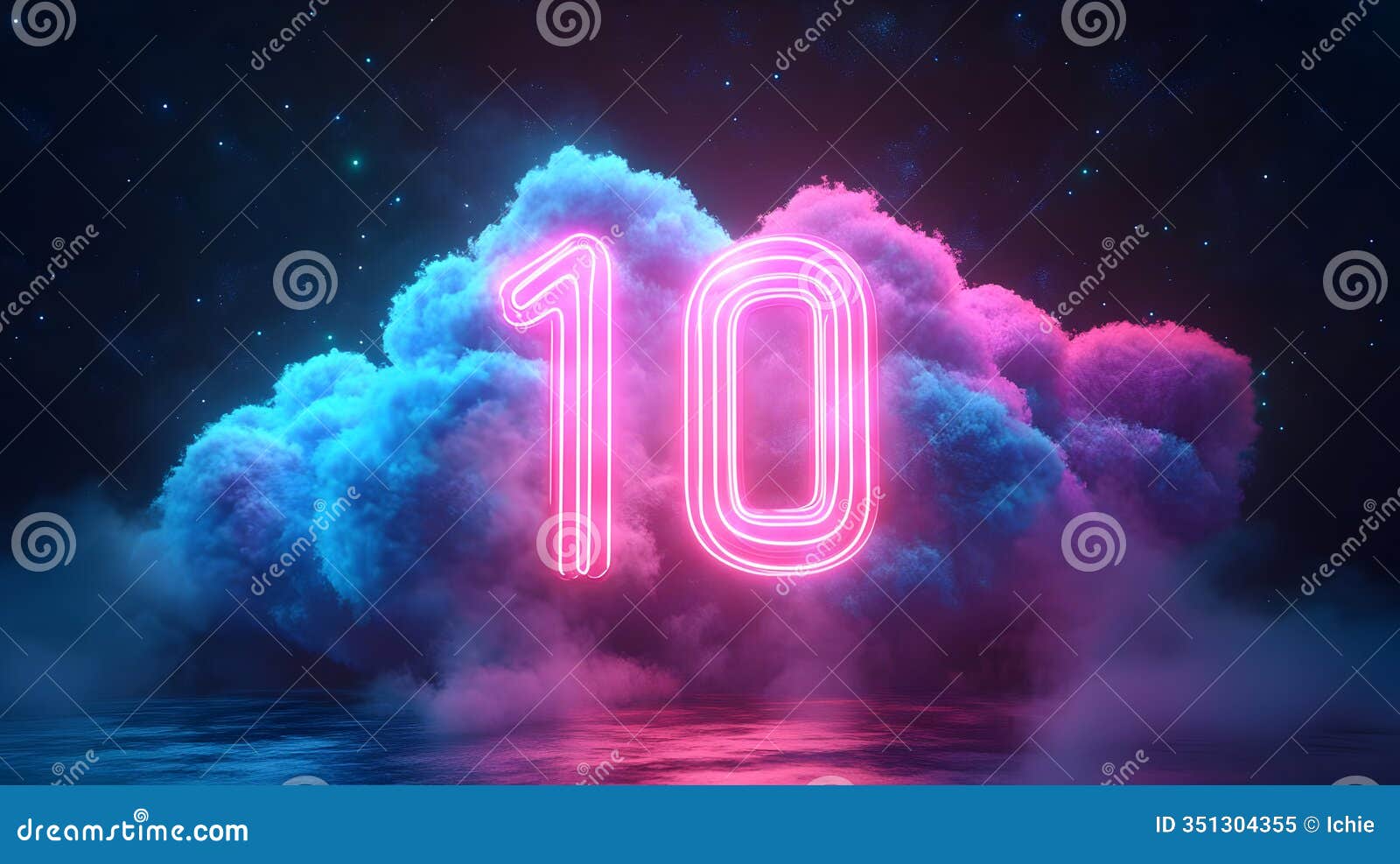Neon Number Ten 3D Render - Blue and Pink Clouds Stock Illustration ...