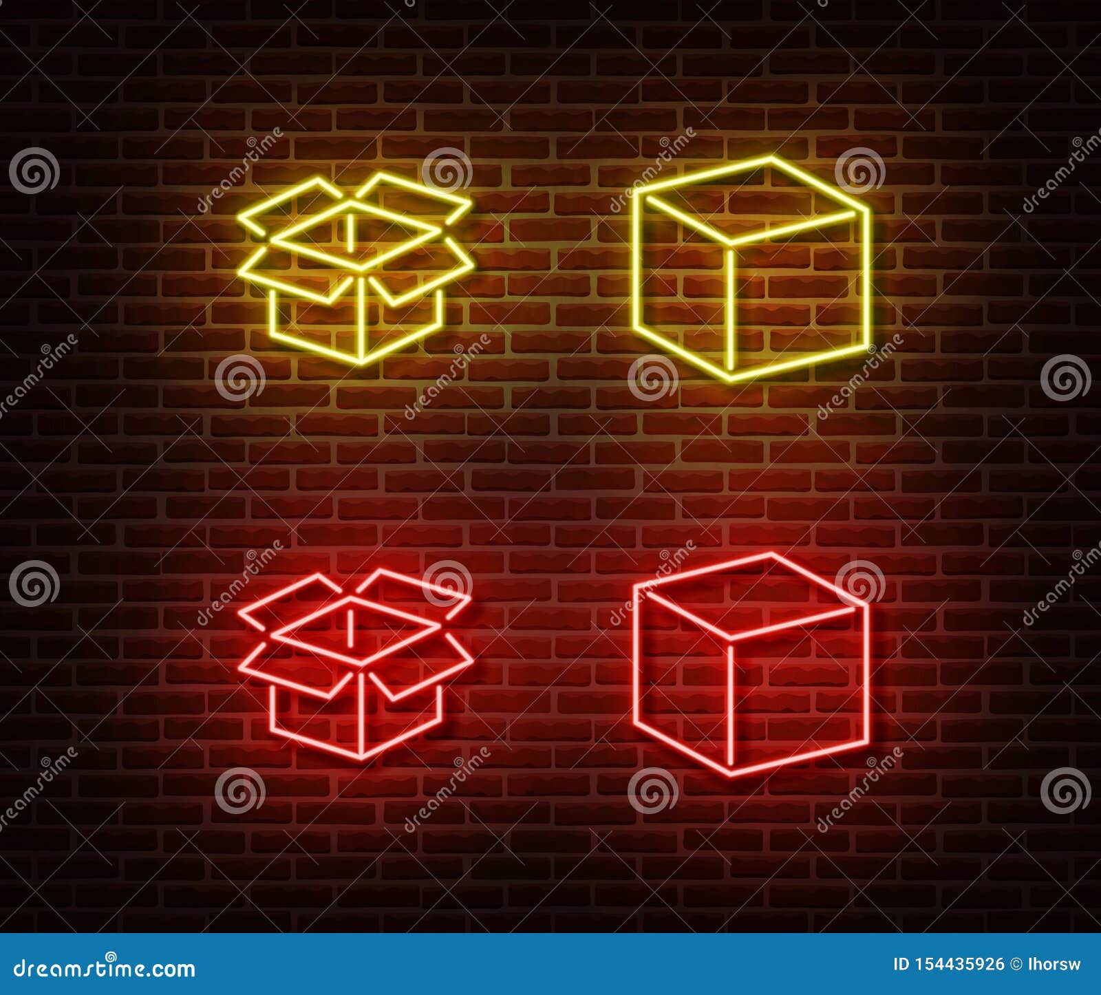 Neon Open Box, Cube Signs Vector Isolated on Brick Wall. Neon Post Box ...