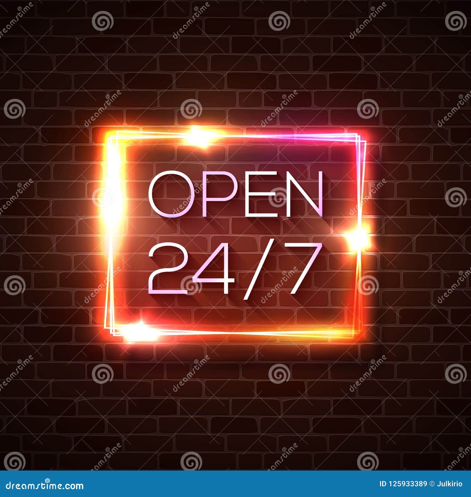 Neon Open 24 7 Hours 7 Days Sign. Rectangle Shape. Stock Vector ...