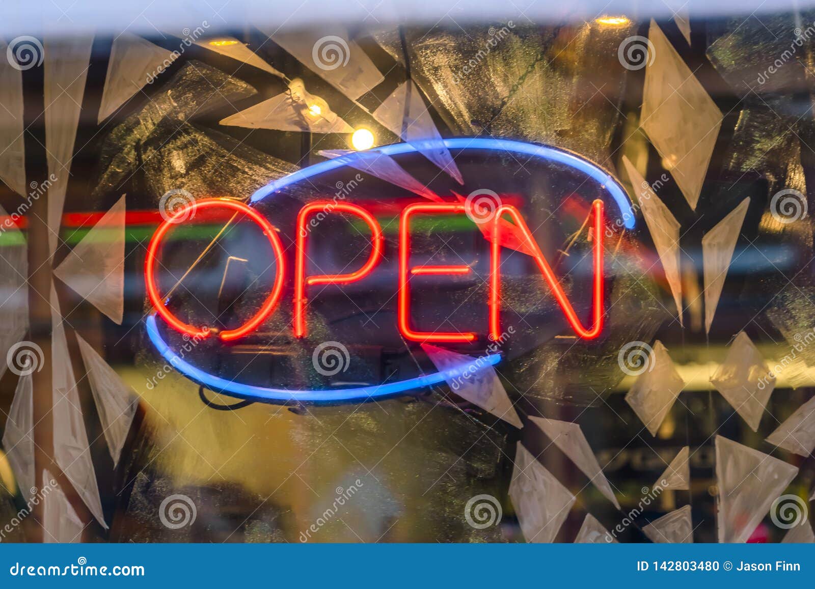 Neon Open Sign on Decorated Glass Surface Stock Photo - Image of front ...