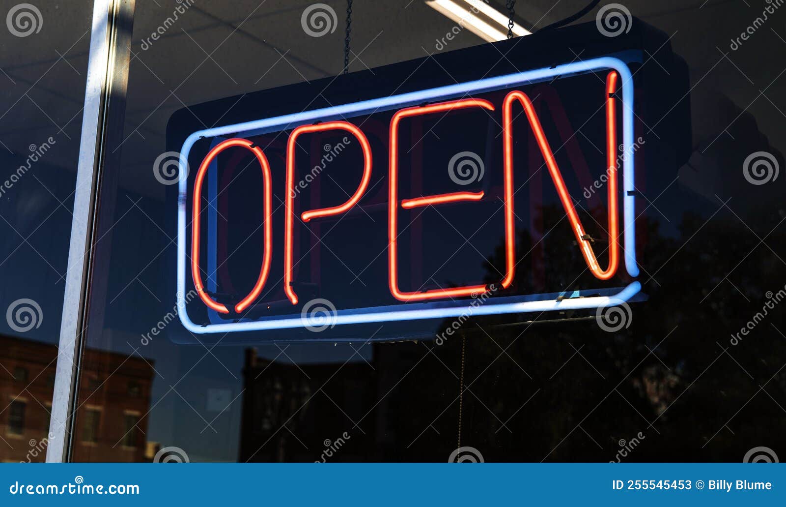 Neon OPEN Sign Hanging in a Retail Store Window Stock Image - Image of ...