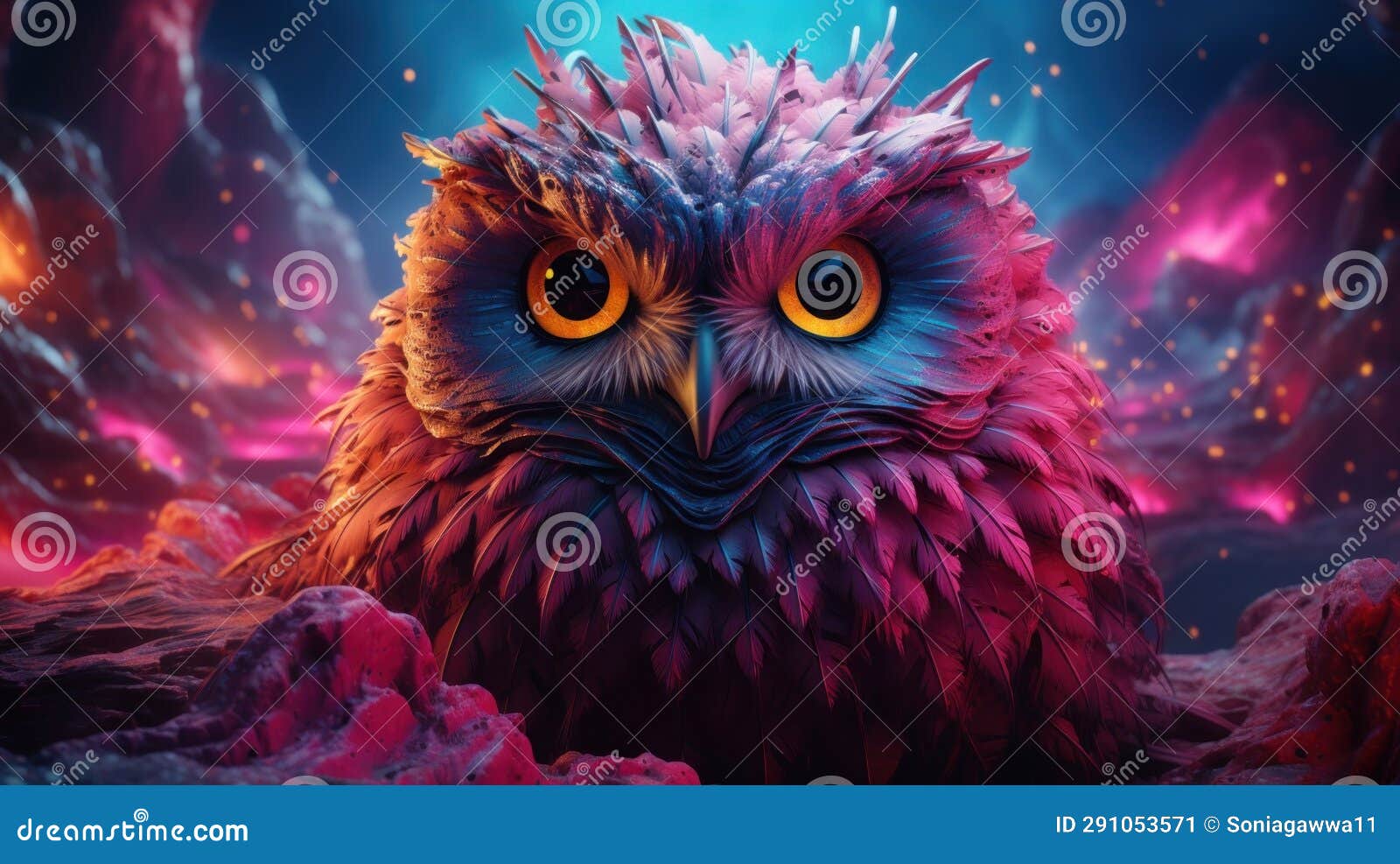 A Neon Orange Space Owl Perched on a Neon Pink Asteroid, Its Eyes ...