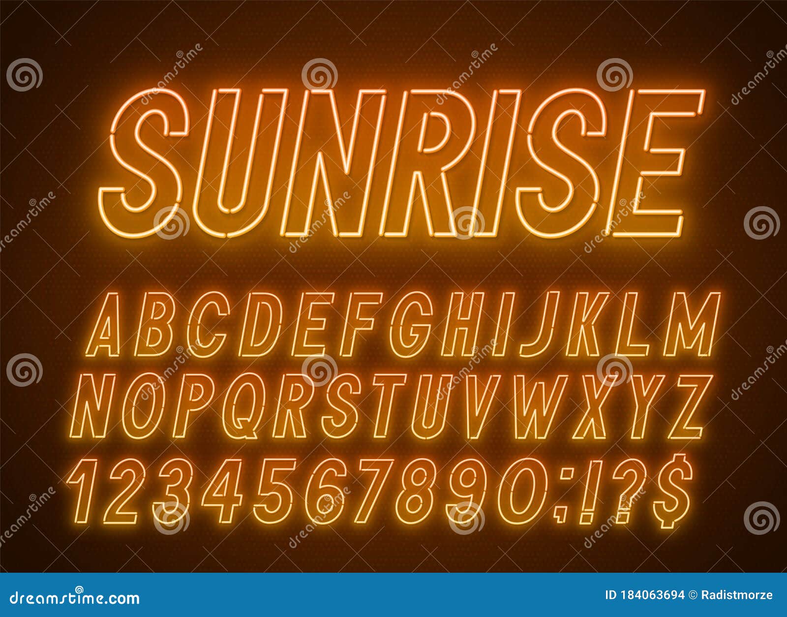 Neon Orange Yellow Font, Light Alphabet with Numbers. Stock Vector ...