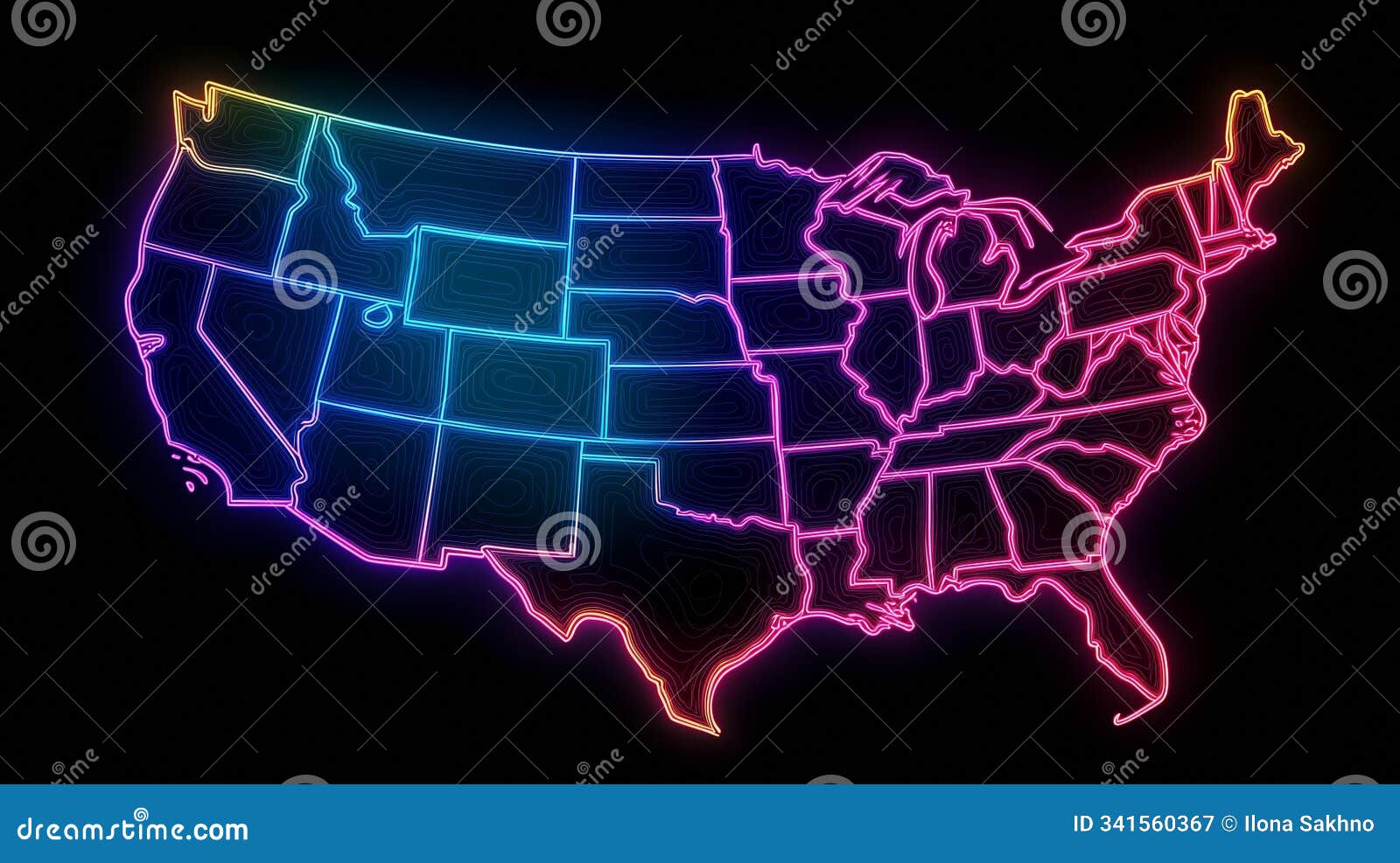 Neon Outline of USA Map with Glowing Borders Stock Illustration ...