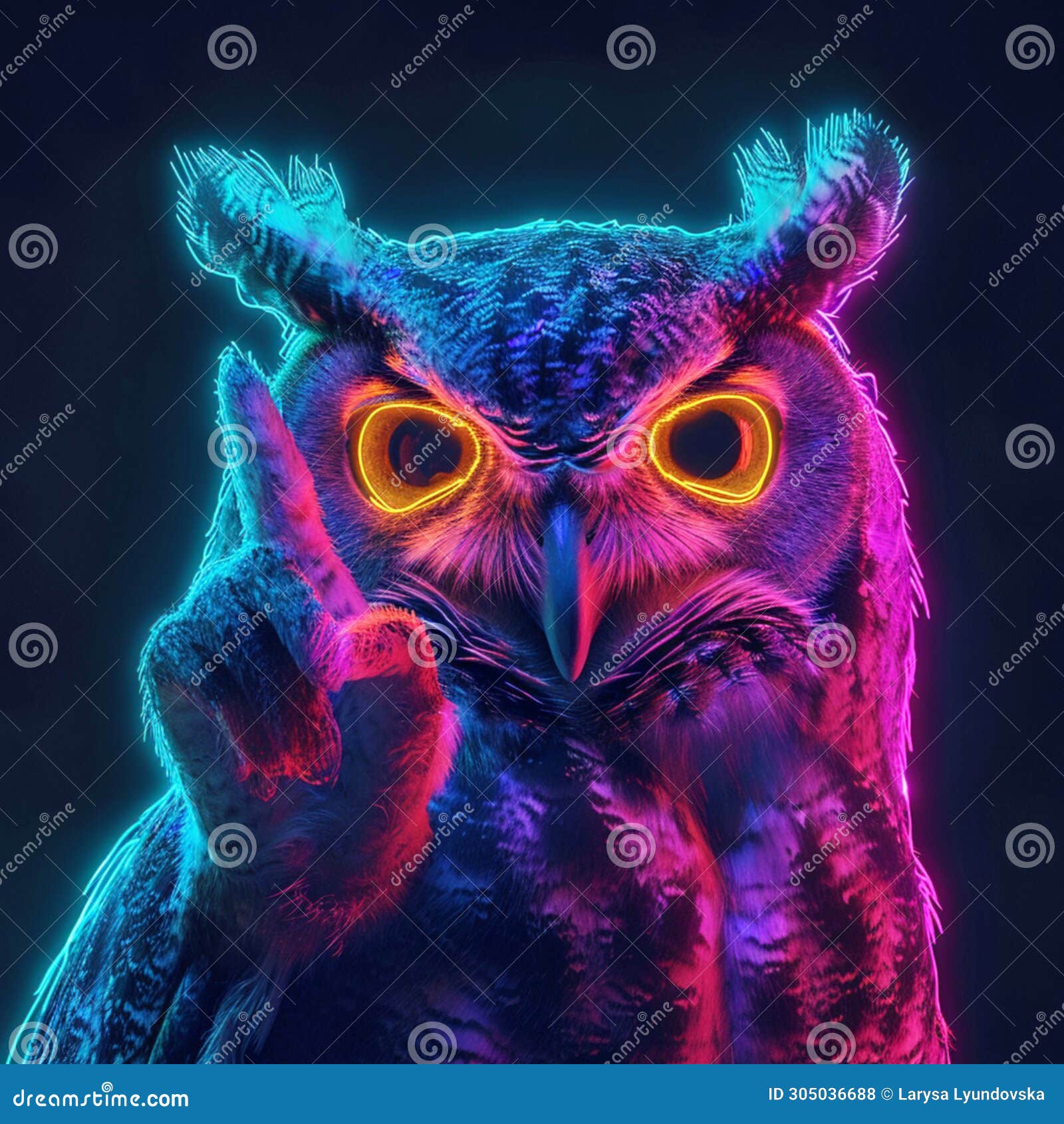 A Neon Owl Points a Finger Up, a Sign of Attention and Importance ...