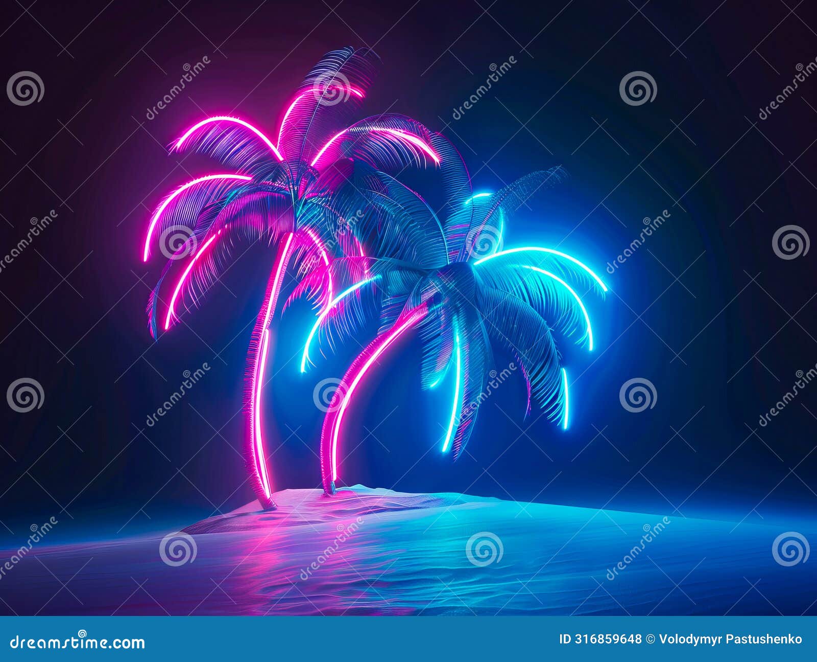 Neon Palm Trees on a Dark Beach Stock Photo - Image of night, dark ...