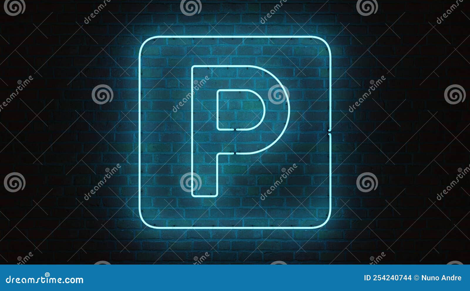 Neon Parking Sign with Blue Light Over a Brick Wall Stock Illustration ...