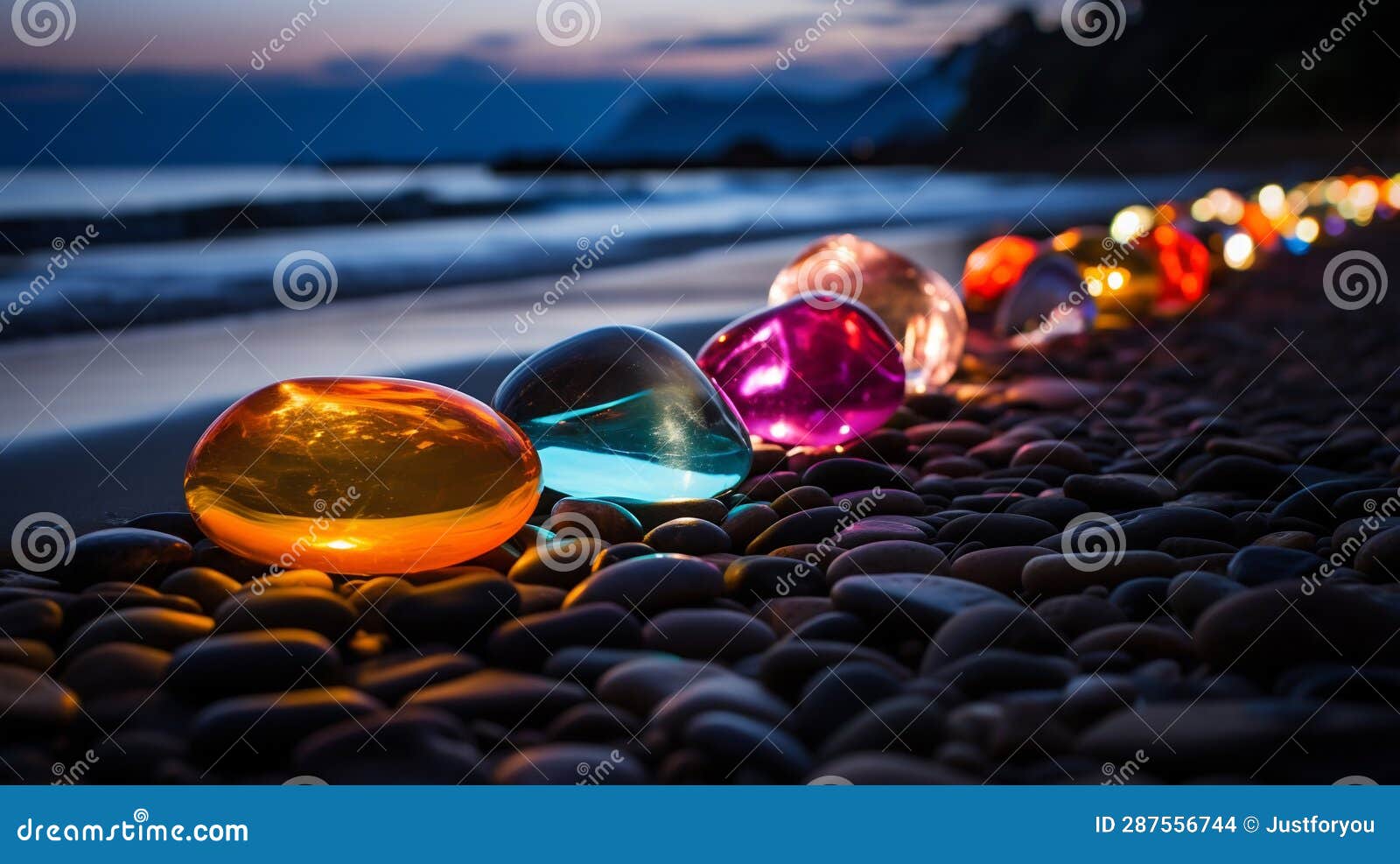 Neon Pebbles Glowing on Night Beach. Generative Ai Stock Illustration ...