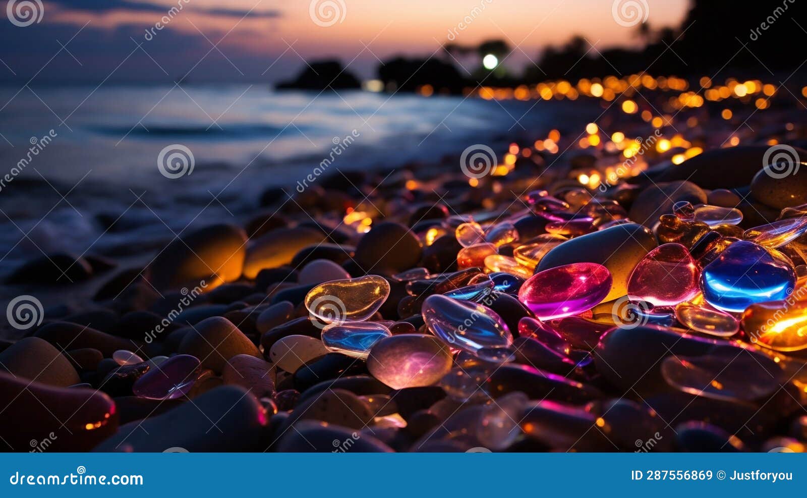 Neon Pebbles Glowing on Night Beach. Generative Ai Stock Illustration ...
