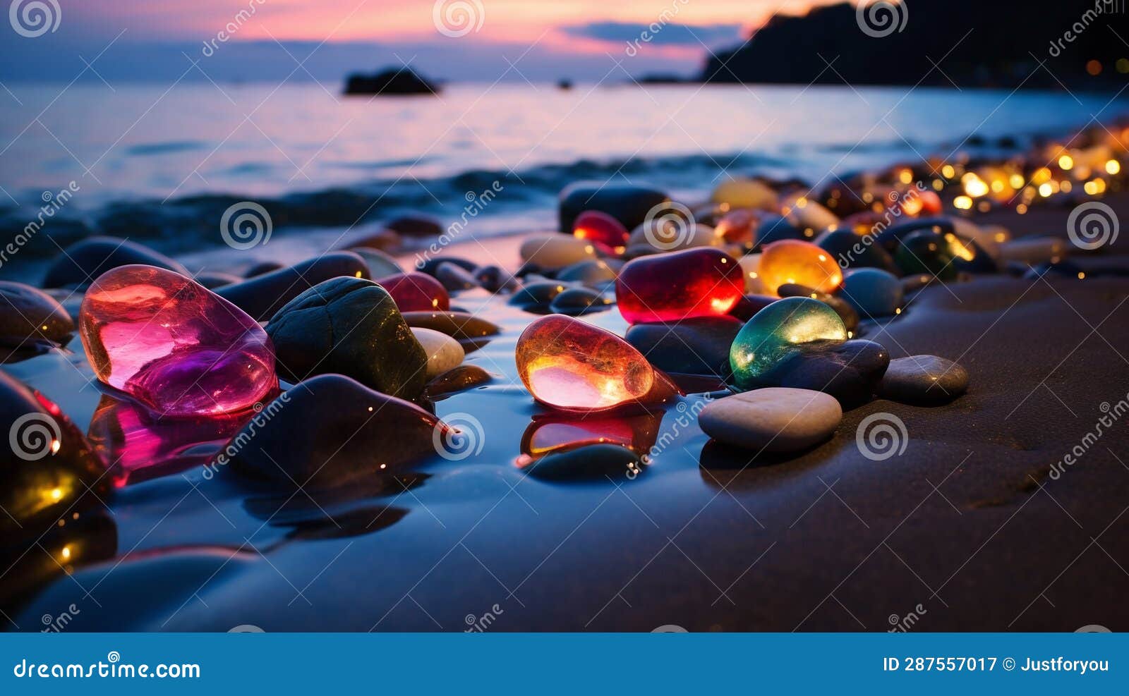 Neon Pebbles Glowing on Night Beach. Generative Ai Stock Illustration ...