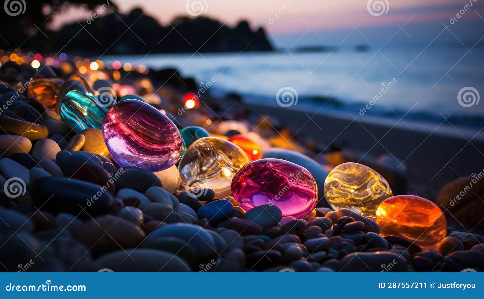 Neon Pebbles Glowing on Night Beach. Generative Ai Stock Illustration ...