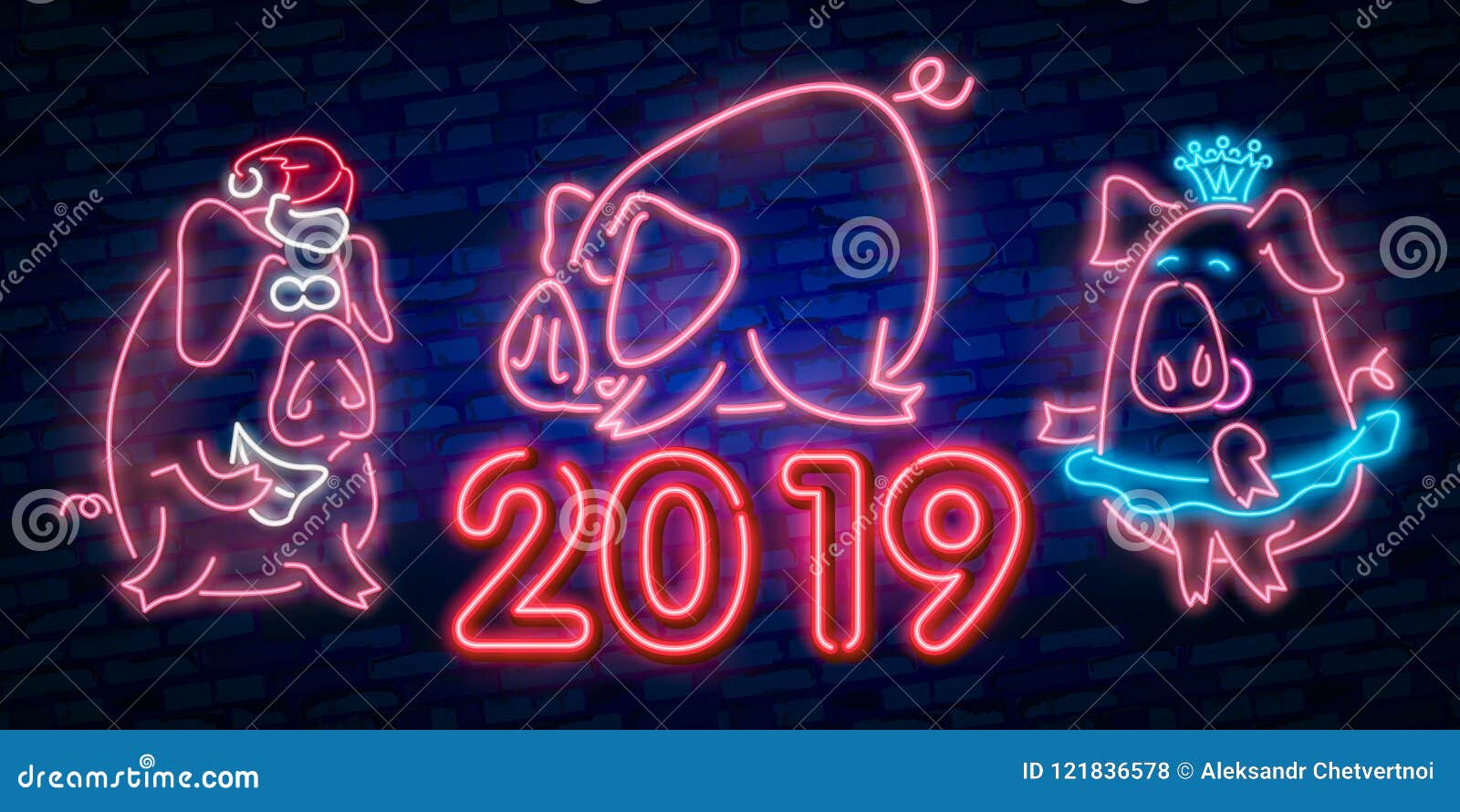 Neon Pig. Symbol of 2019 Year. Retro Design Elements for Presentations ...