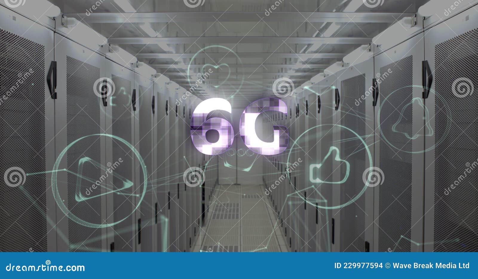 Neon Pink 6g Text and Network of Digital Icons Against Empty Server ...