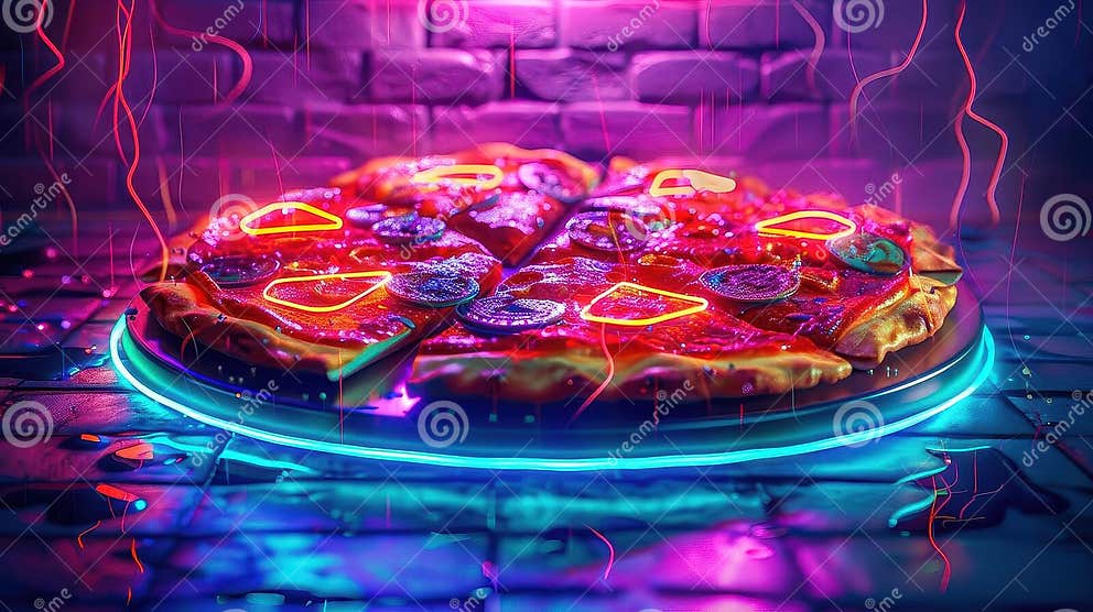 Neon Pizza with Glowing Lights Stock Illustration - Illustration of ...
