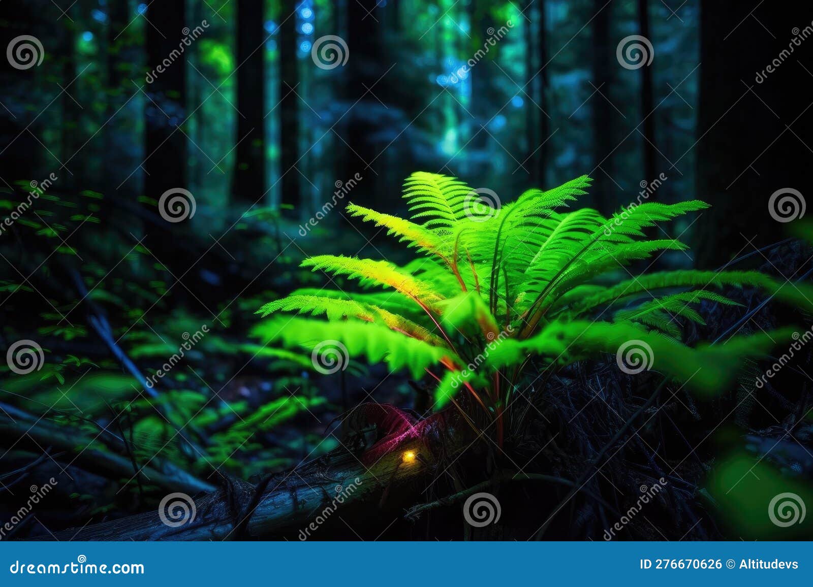 Neon Plant Growing in the Forest, with Natural Trees and Greenery Stock ...