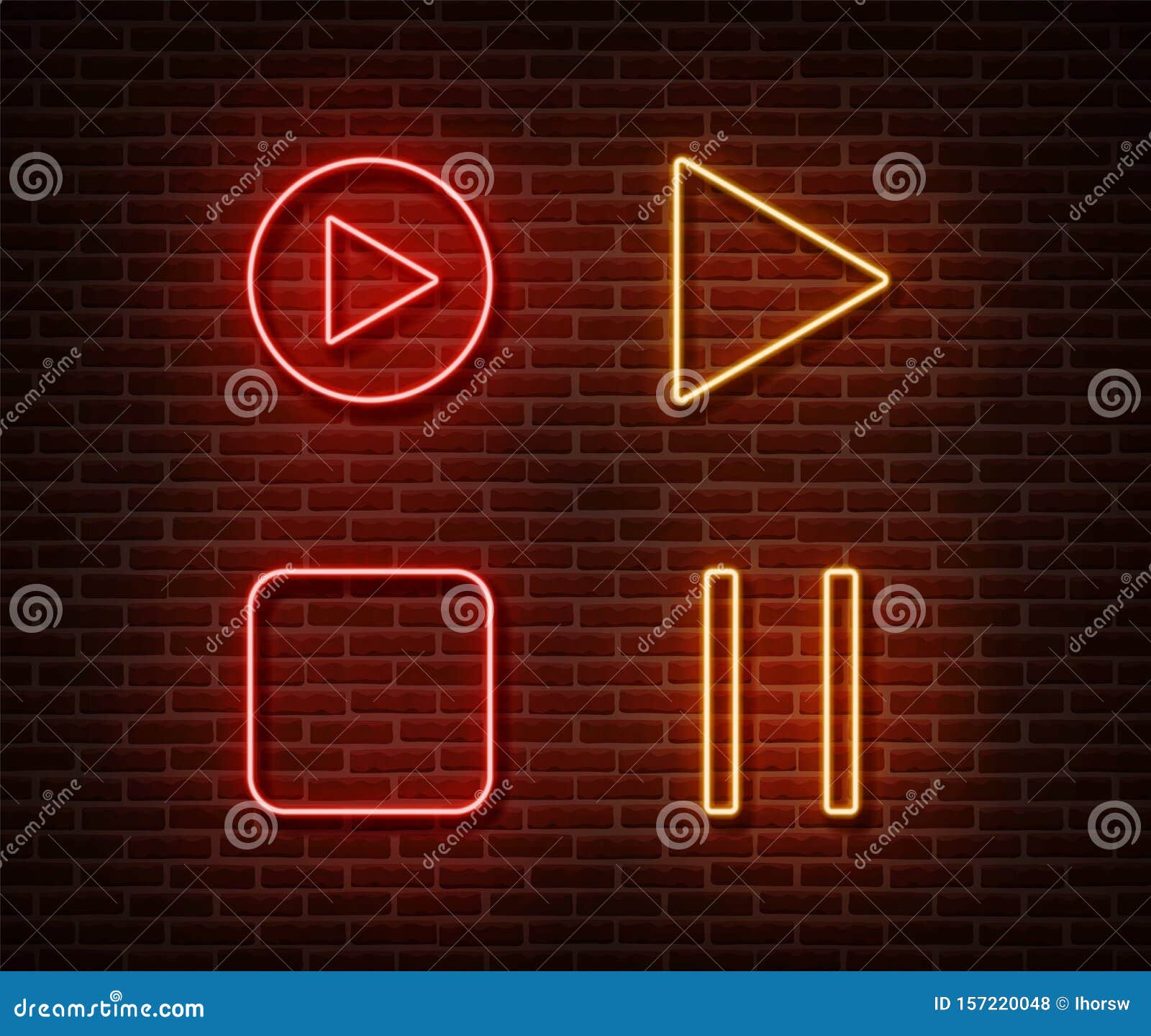 Neon Player Button Signs Vector Isolated on Brick Wall. Play, Stop ...