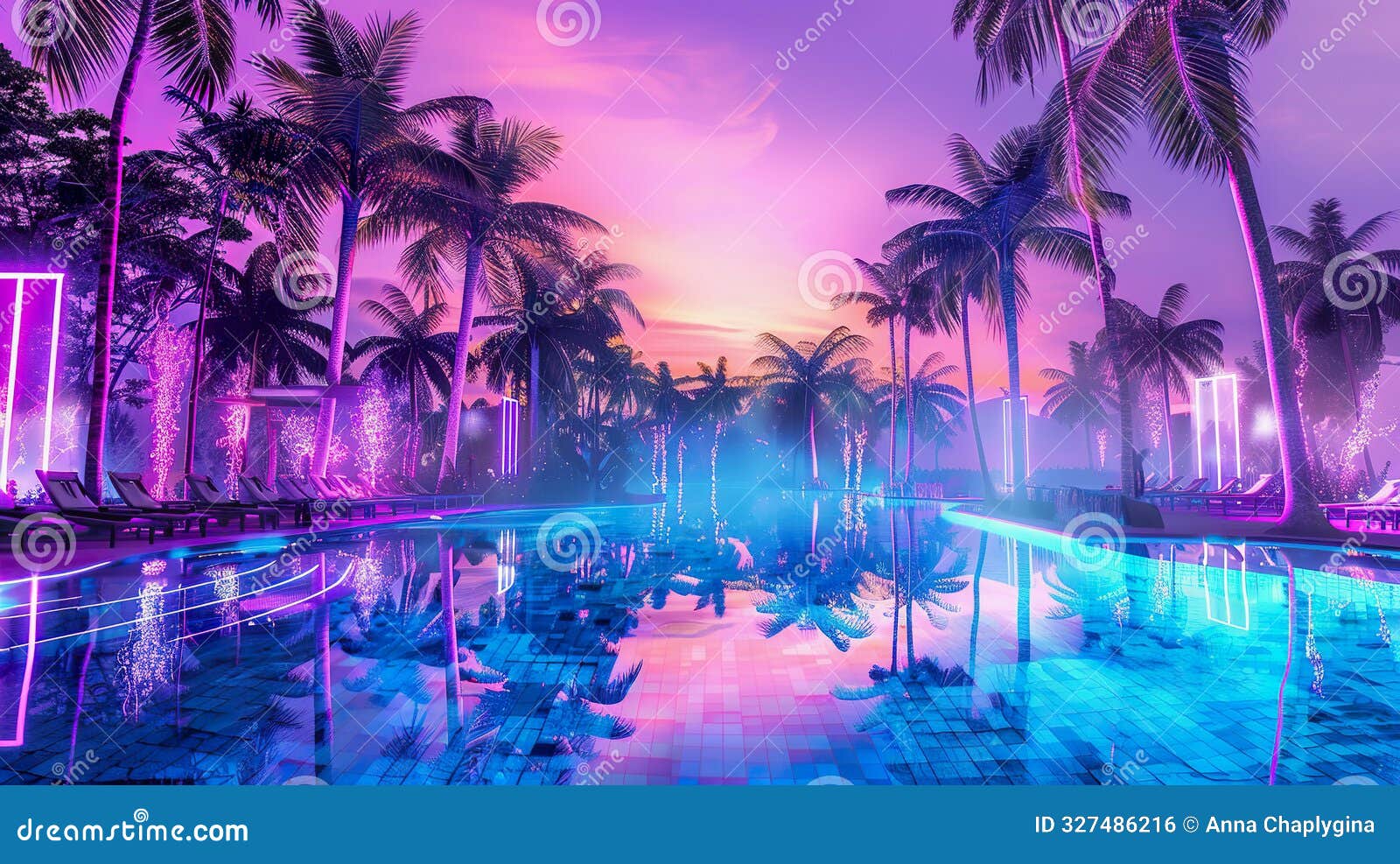Neon Pool Party at Sunset with Palm Trees and Tropical Vibes Stock ...