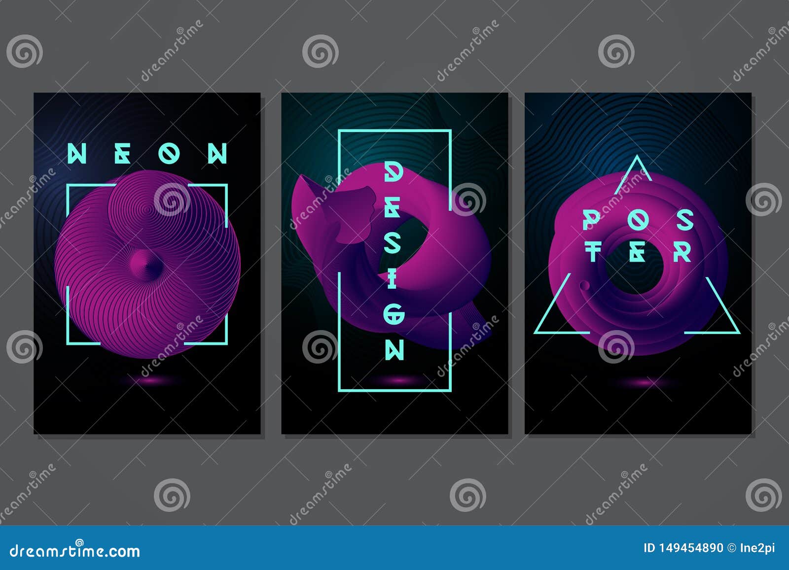 Neon Posters Sets with 3d Objects. Futuristic Minimal Backrounds ...