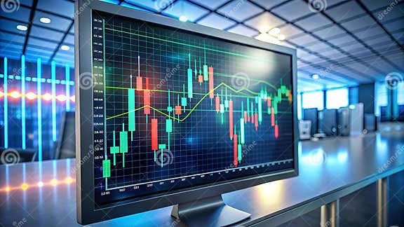 Neon Pulse an Interactive Uptrend Candlestick Chart on a Touchscreen Display in a High-Tech ...