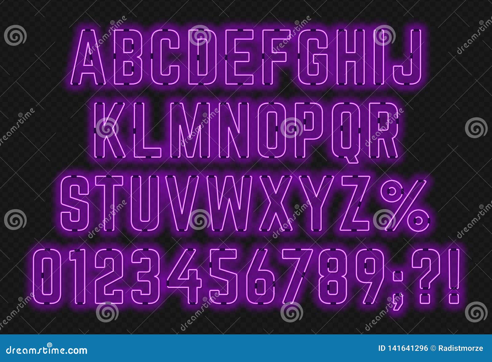 Neon Purple Font with Numbers and Punctuation Marks Stock Illustration ...