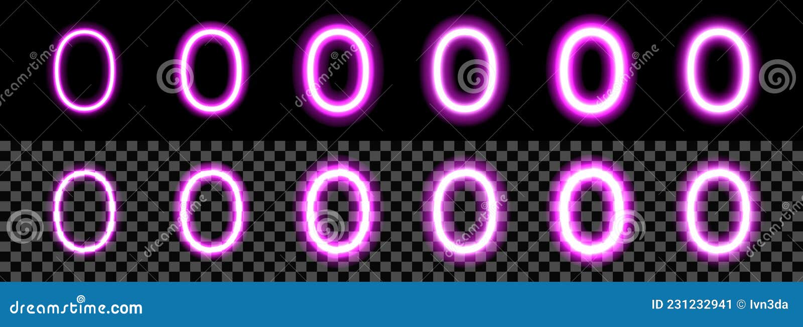 Neon Purple Glow Number 0 on Black Background. Six Zeros with Different ...