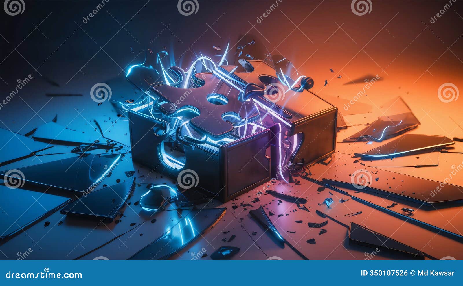 Neon Puzzle Piece Exploding from Shattered Box, High Quality Image ...