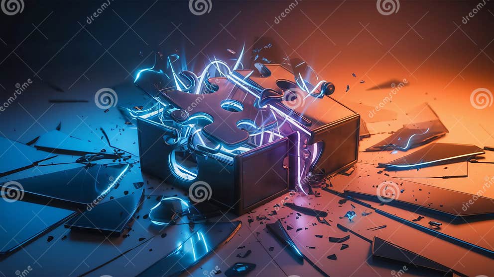 Neon Puzzle Piece Exploding from Shattered Box, High Quality Image ...