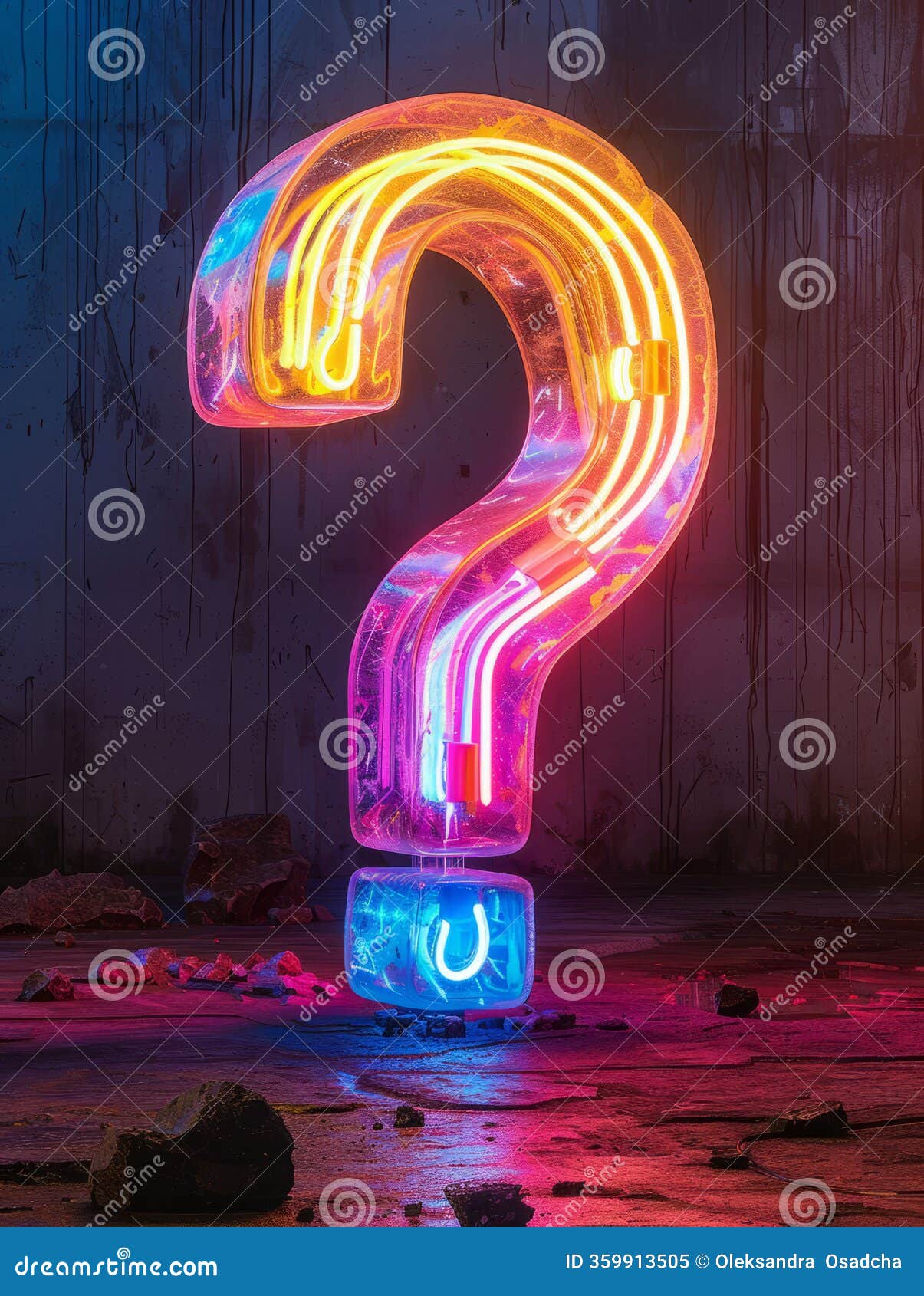 A Neon Question Mark Sign Glowing in a Dark, Moody Environment. Stock ...