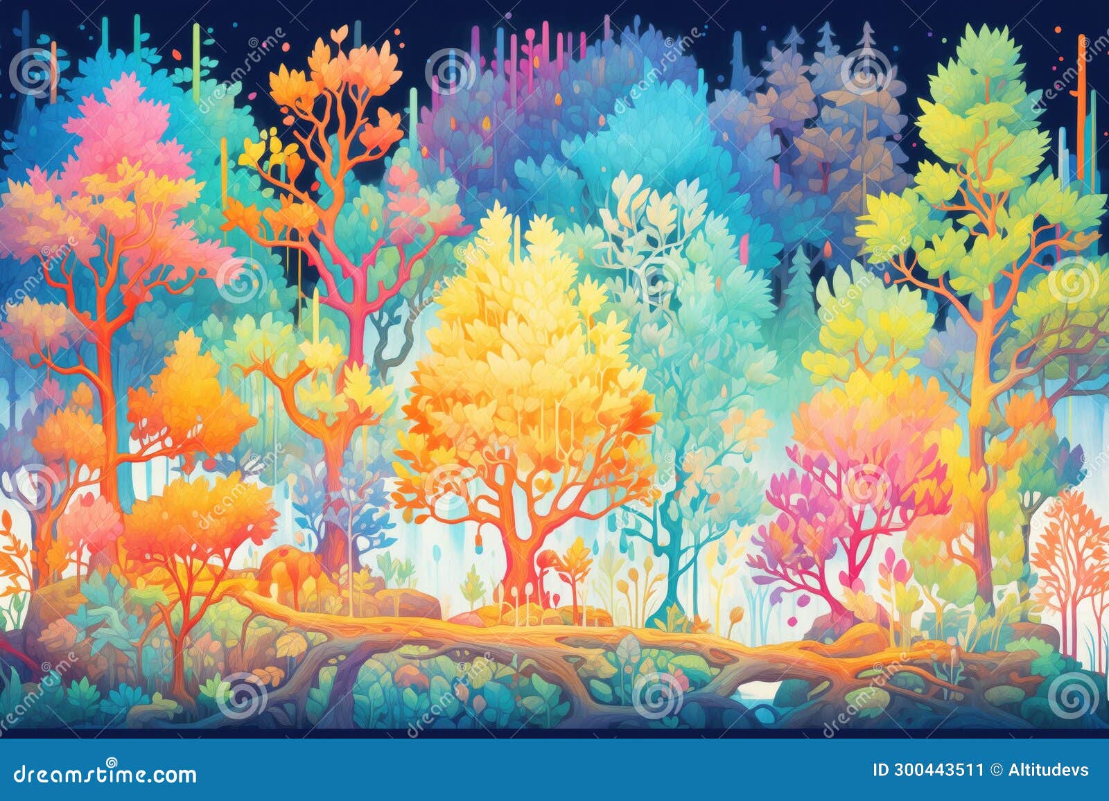 A Neon Radiant Rainbow of Bioluminescent Trees and Shrubs Stock Image ...