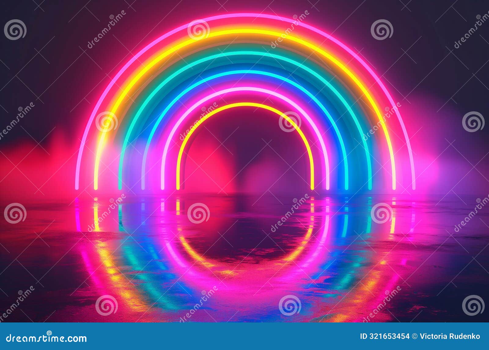Neon Rainbow Arch with Reflection Stock Photo - Image of glowing, light ...